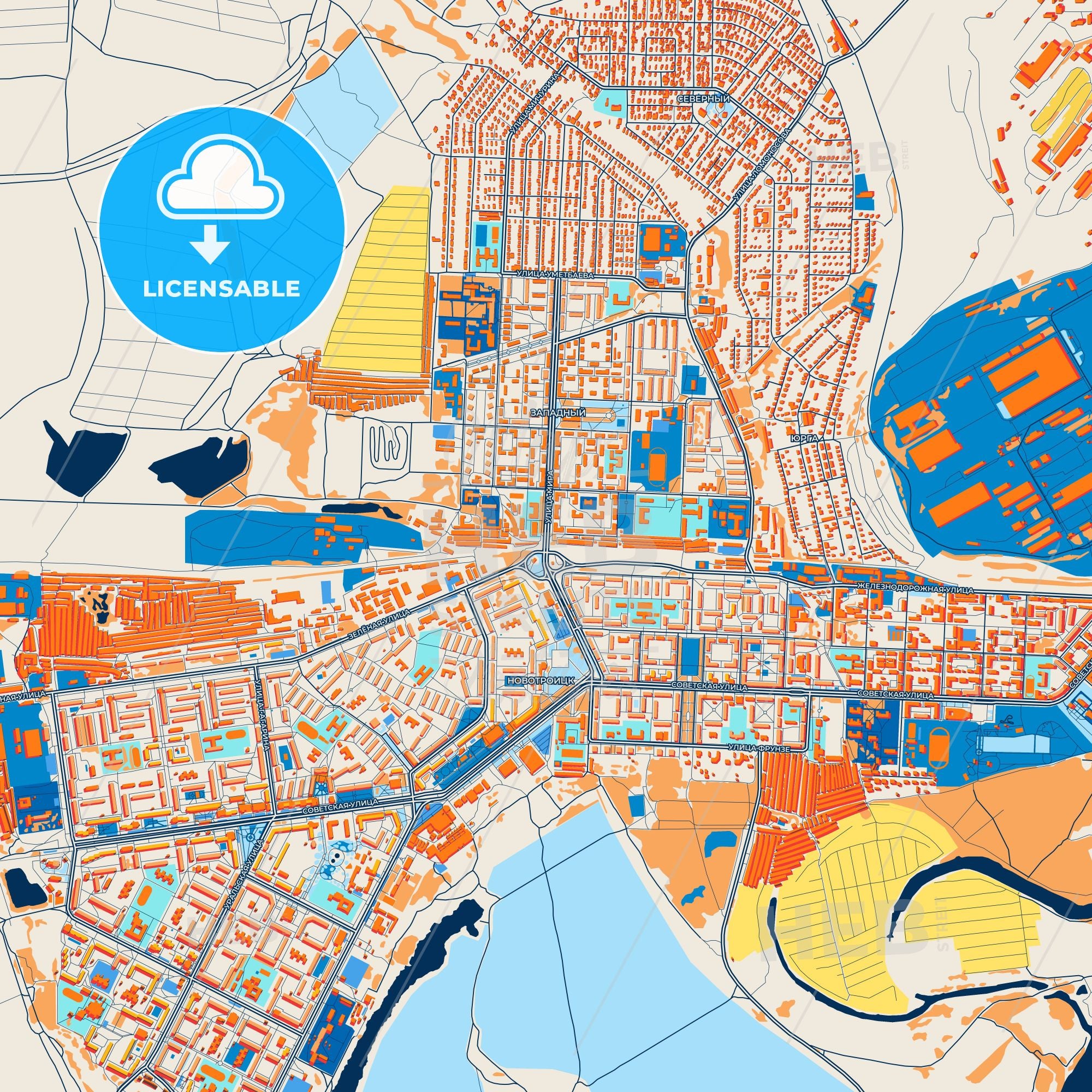Colorful Novotroitsk Street Map With Labels And Buildings – HEBSTREITS