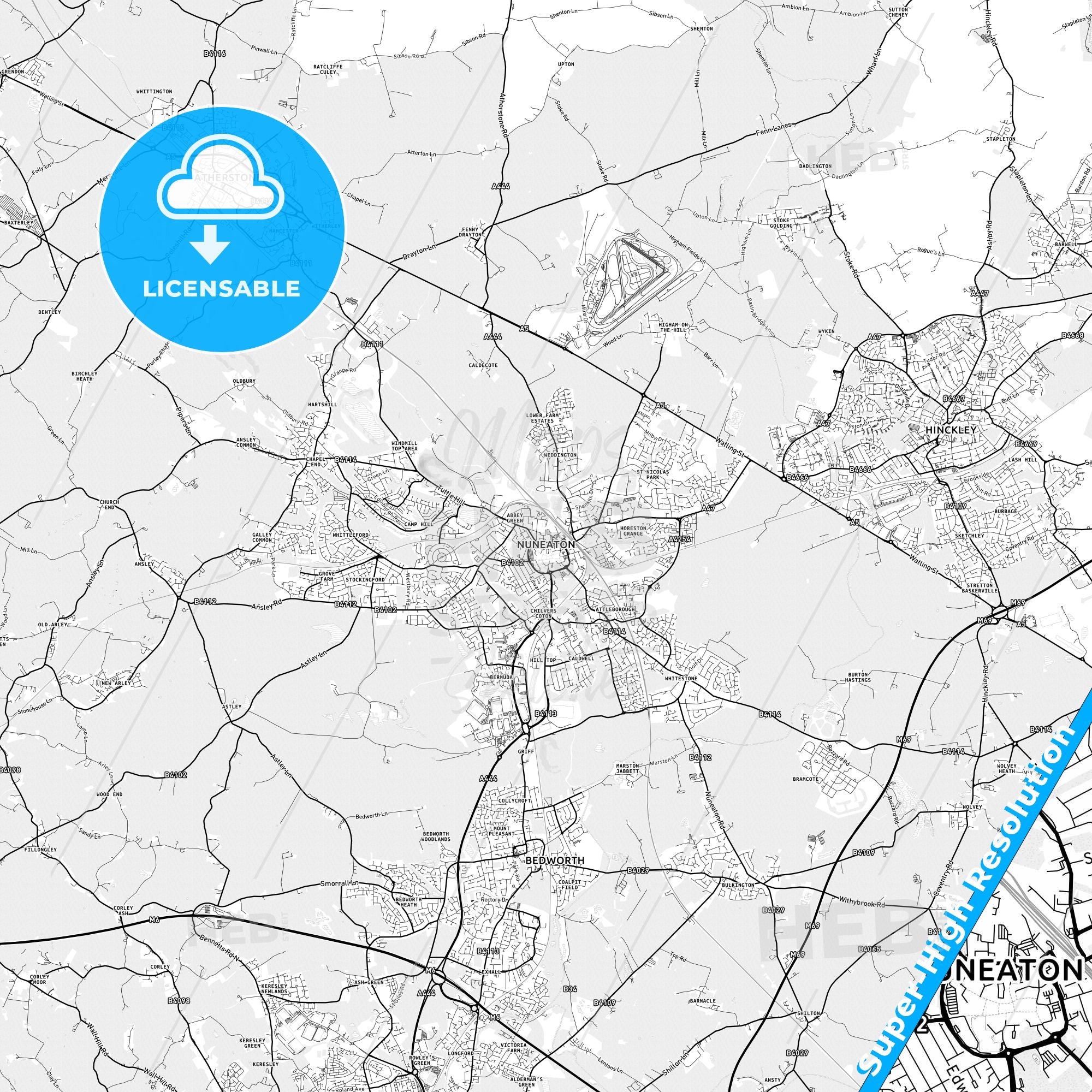 Nuneaton, England light map with streetnames, citynames and districts ...