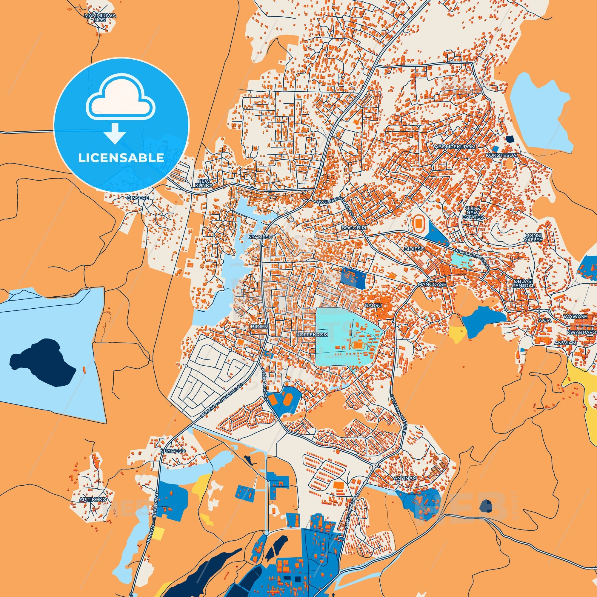 Colorful Obuase Street Map With Labels And Buildings – HEBSTREITS