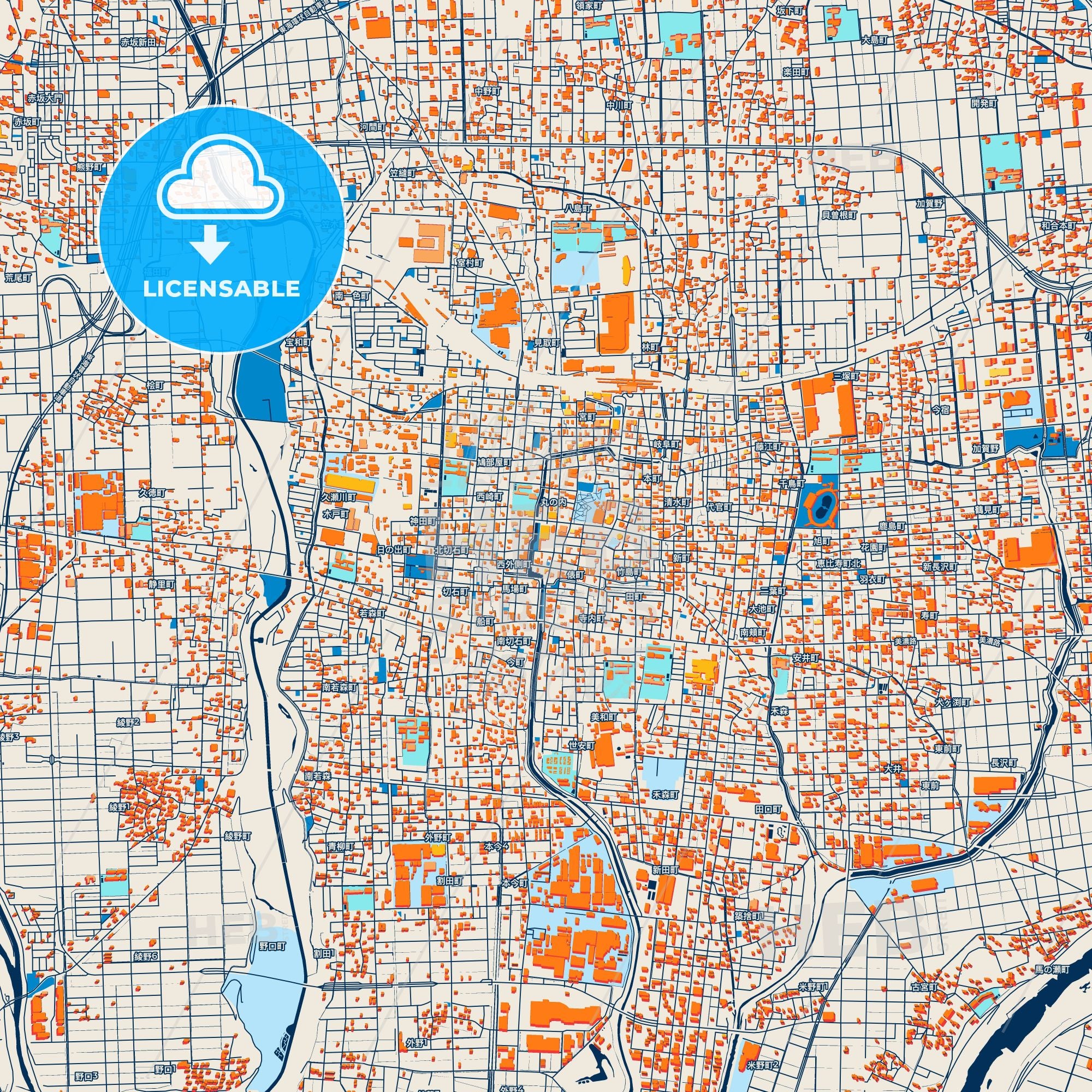 Colorful Ōgaki Street Map With Labels And Buildings – HEBSTREITS