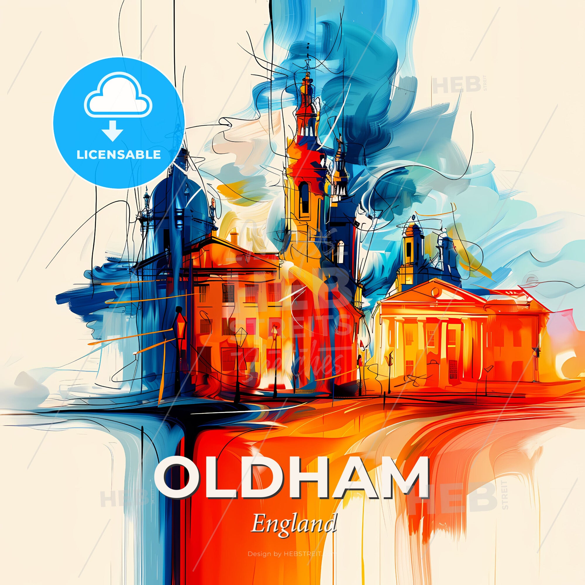 Vibrant Oldham, England - A Painting Of Buildings With A Blue Sky ...