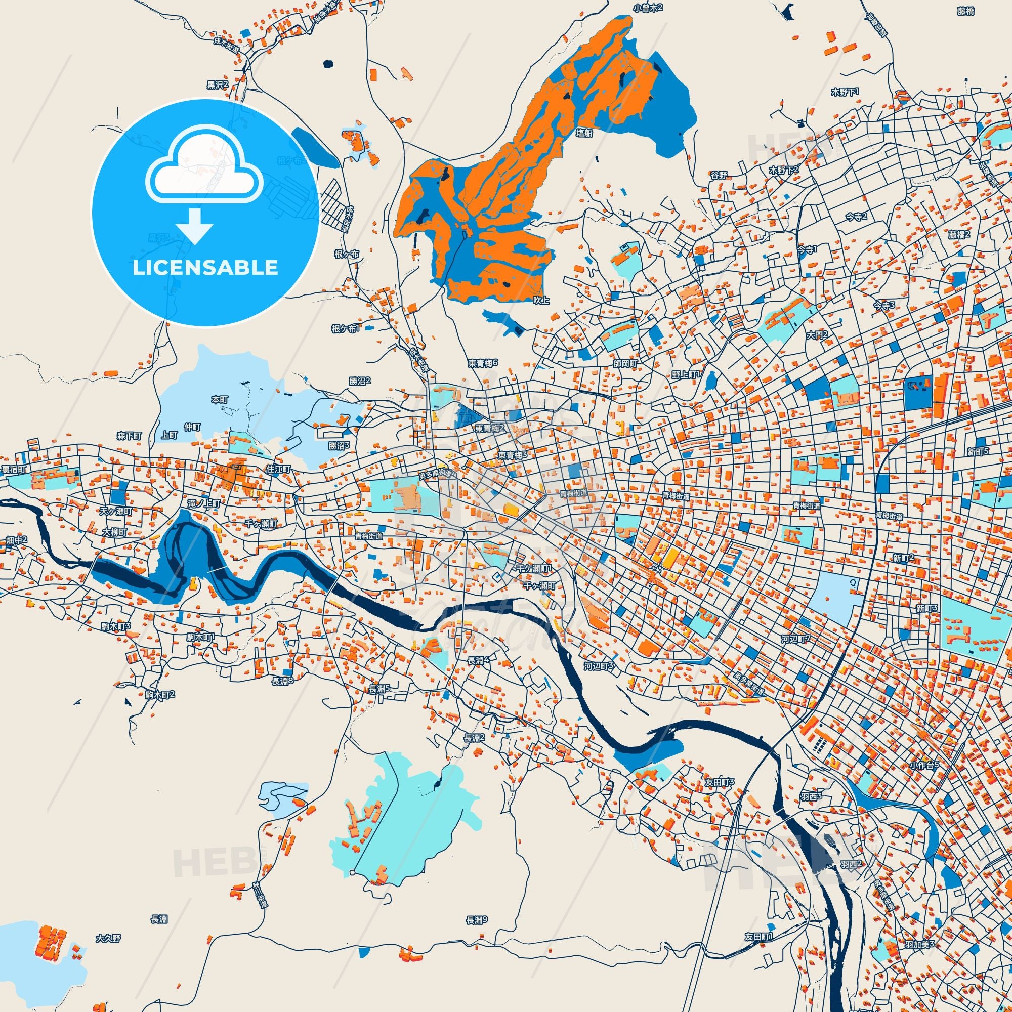 Colorful Ōme Street Map With Labels And Buildings – HEBSTREITS