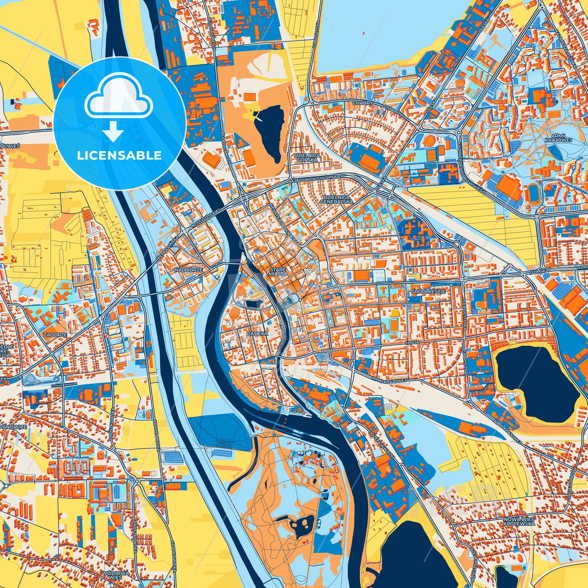 Colorful Opole Street Map With Labels And Buildings – HEBSTREITS