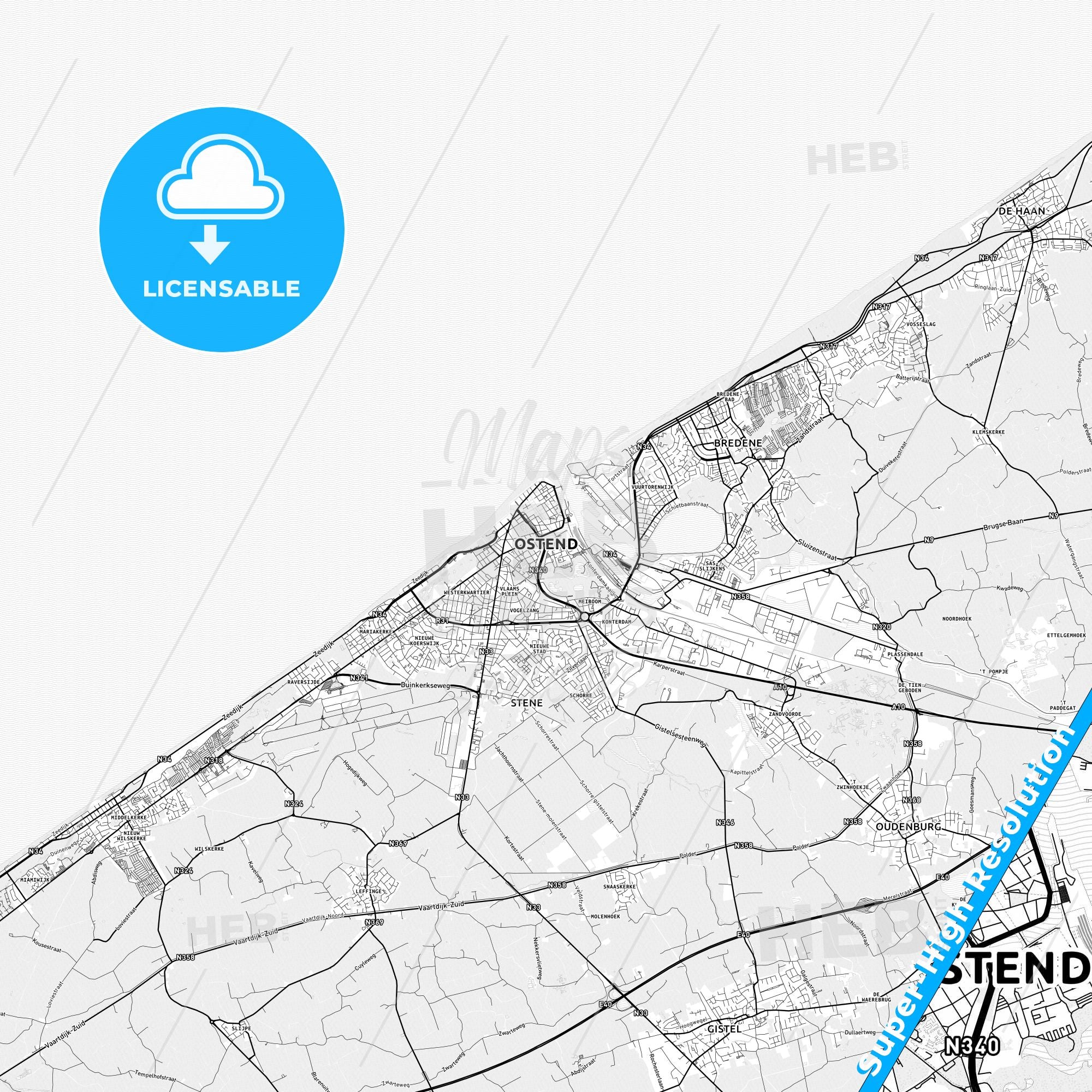 Ostend, Belgium light map with streetnames, citynames and districts ...