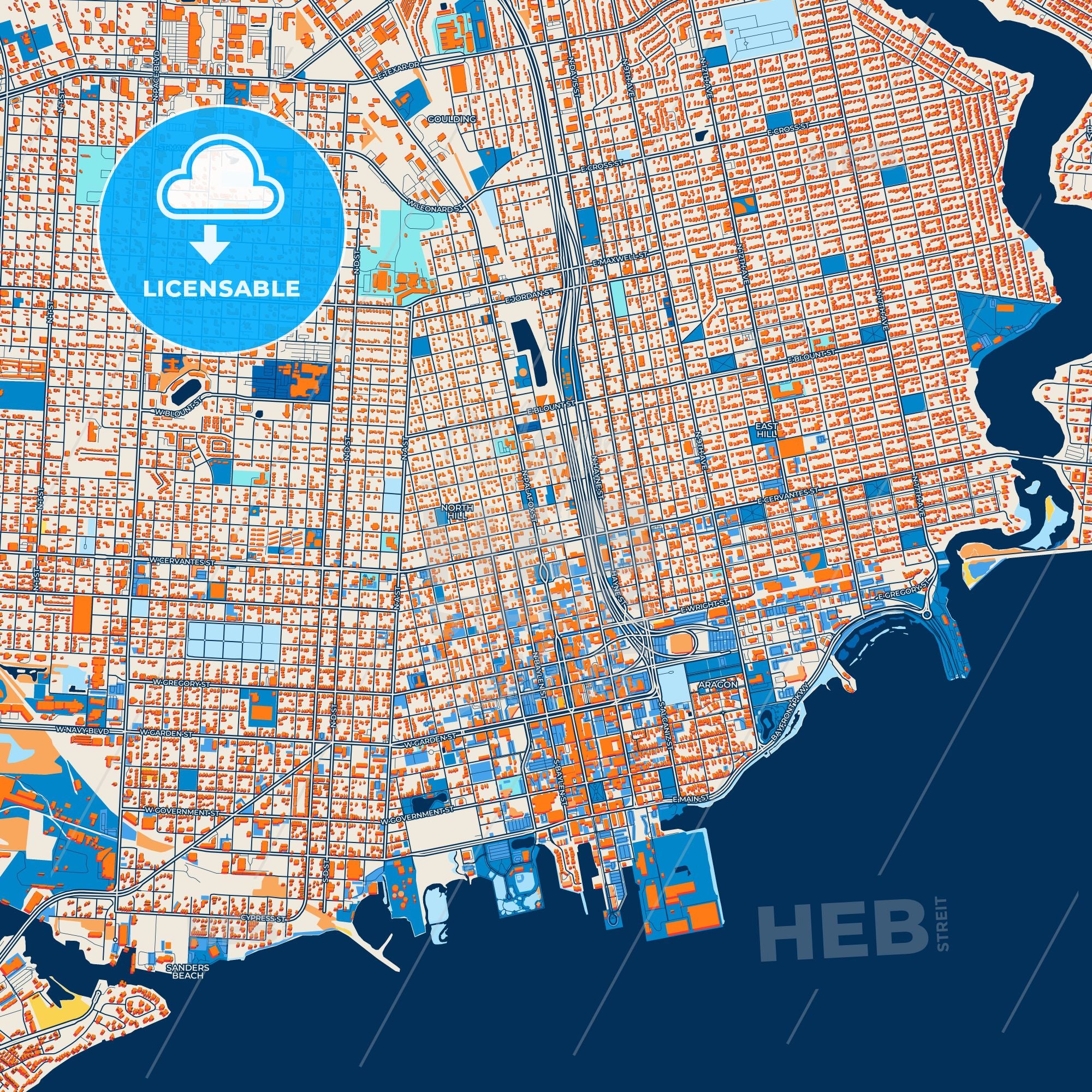 Colorful Pensacola Street Map With Labels And Buildings – HEBSTREITS