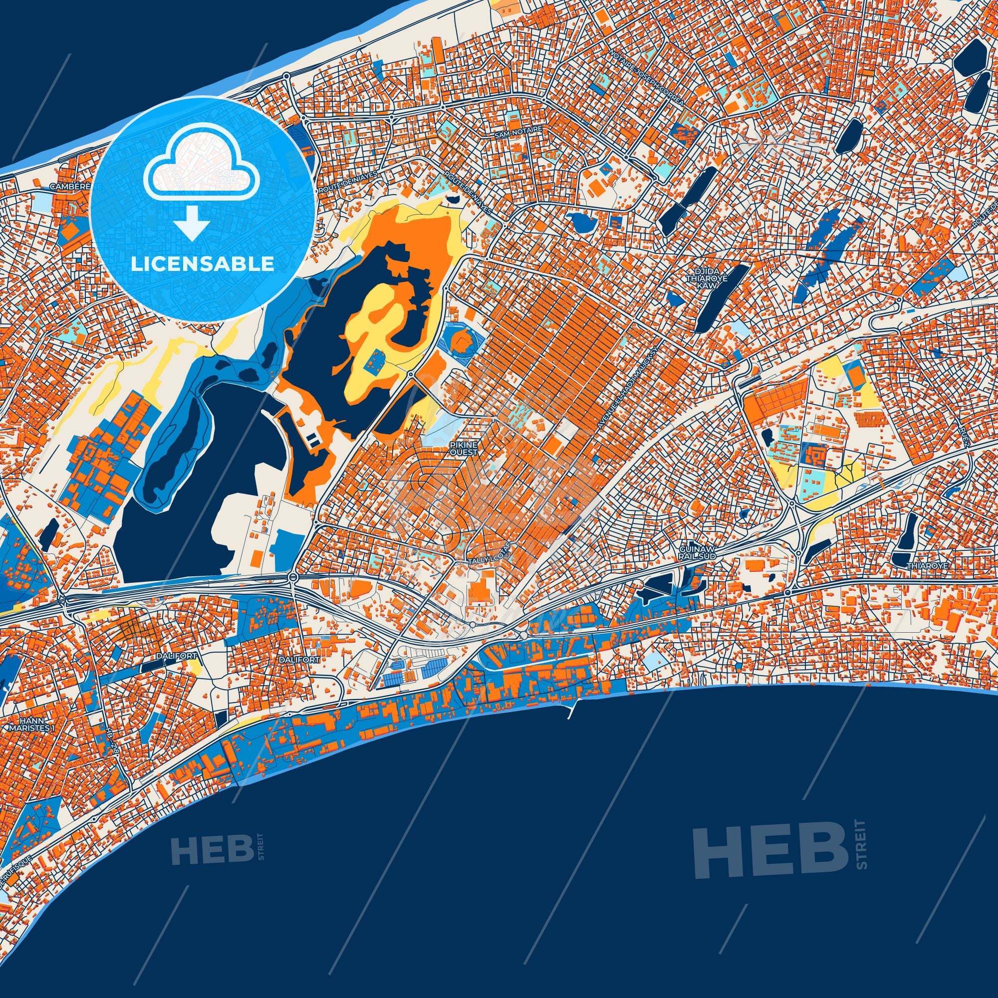 Colorful Pikine Street Map With Labels And Buildings – HEBSTREITS
