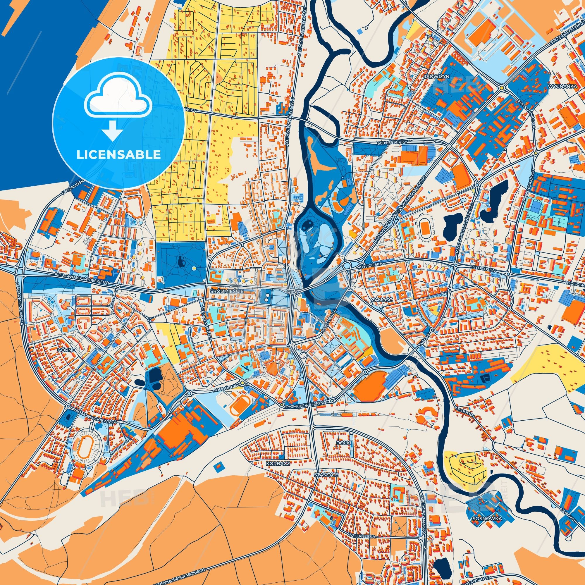 Colorful Piła Street Map With Labels And Buildings – HEBSTREITS