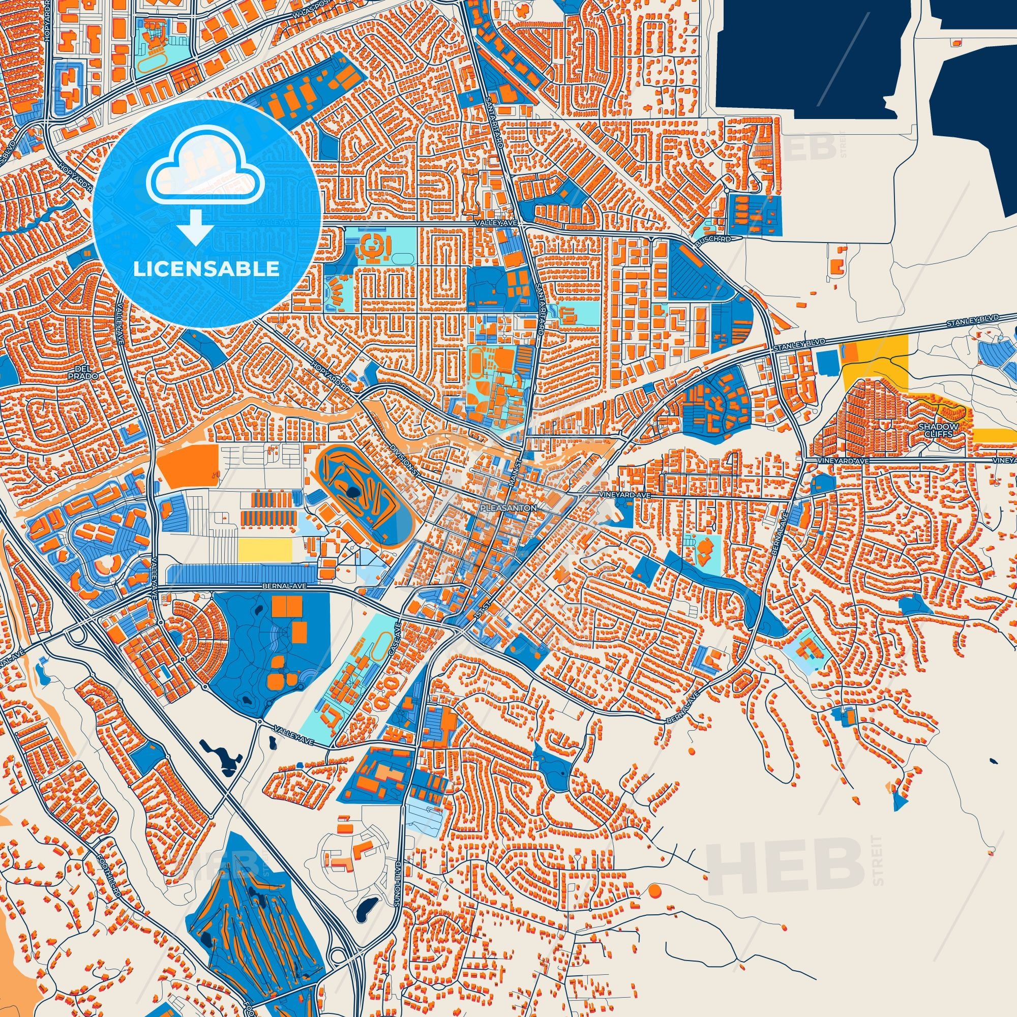 Colorful Pleasanton Street Map With Labels And Buildings – HEBSTREITS
