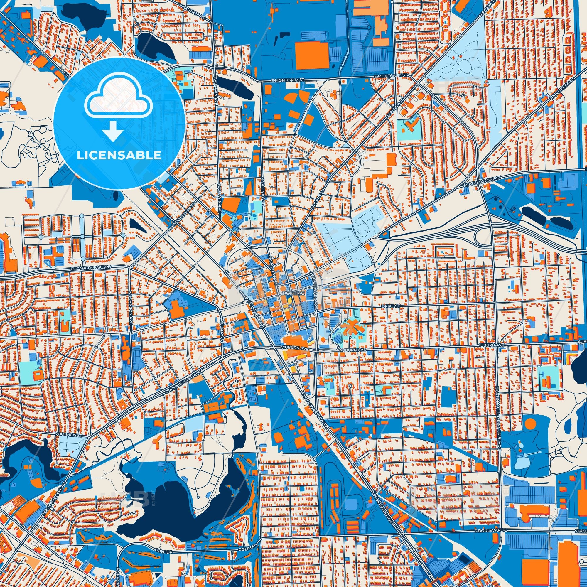 Colorful Pontiac Street Map With Labels And Buildings – HEBSTREITS
