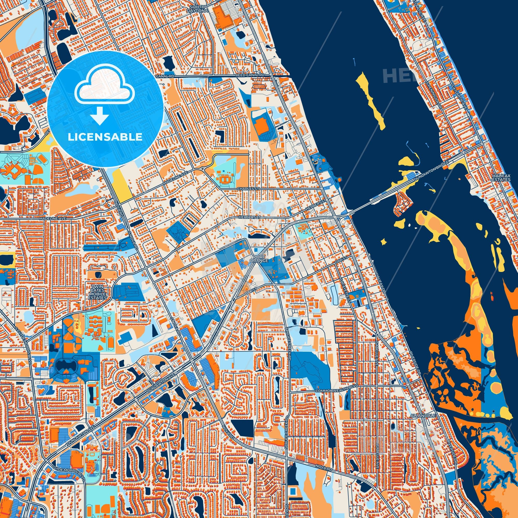 Colorful Port Orange Street Map With Labels And Buildings – HEBSTREITS
