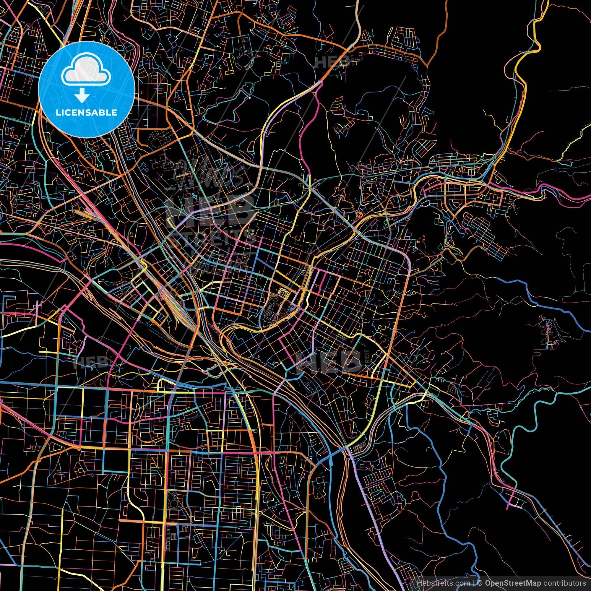 Morioka, Iwate, Japan, Colorful City Map On Black Background – HEBSTREITS