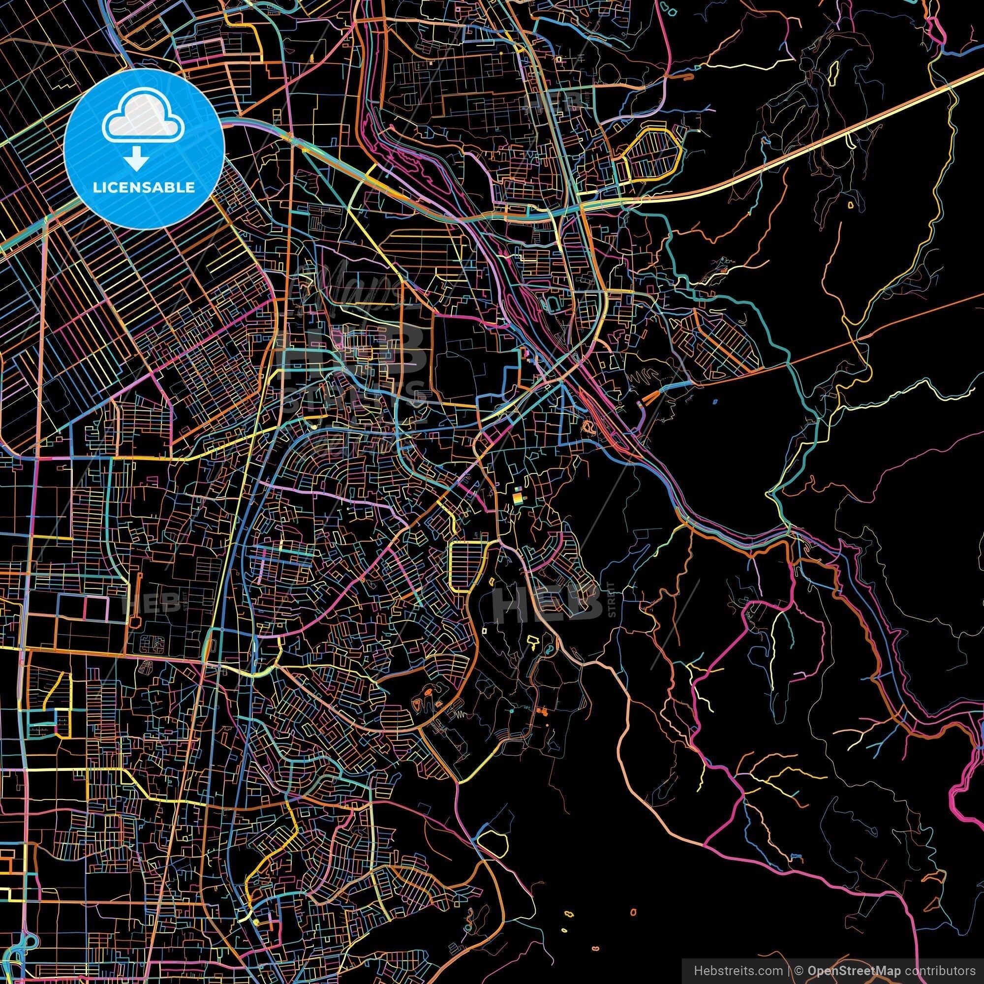 Uji, Kyoto, Japan, Colorful City Map On Black Background – HEBSTREITS