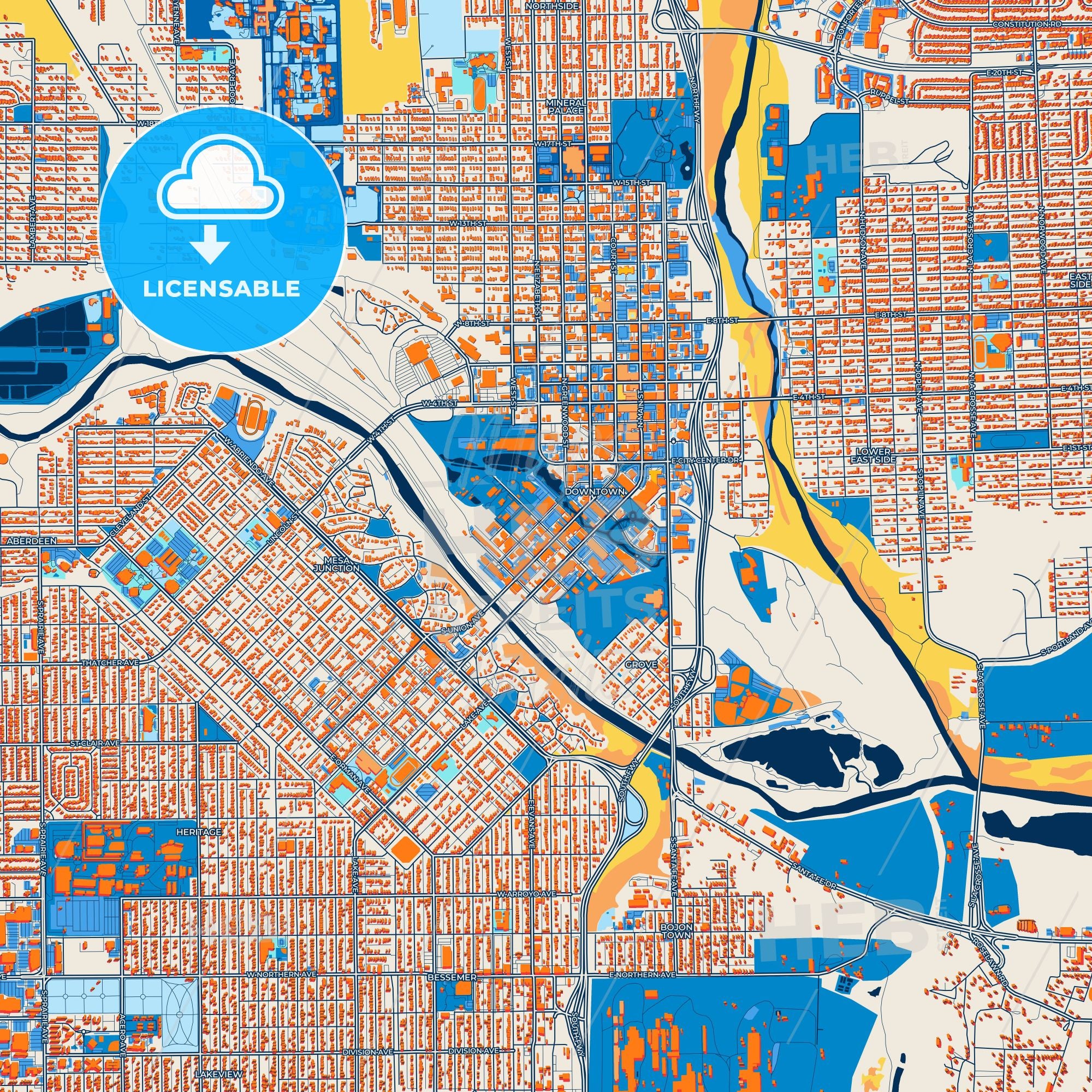 Colorful Pueblo Street Map With Labels And Buildings – HEBSTREITS