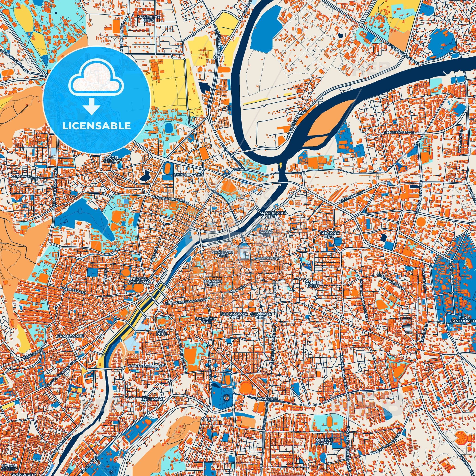 Colorful Pune Street Map With Labels And Buildings – HEBSTREITS