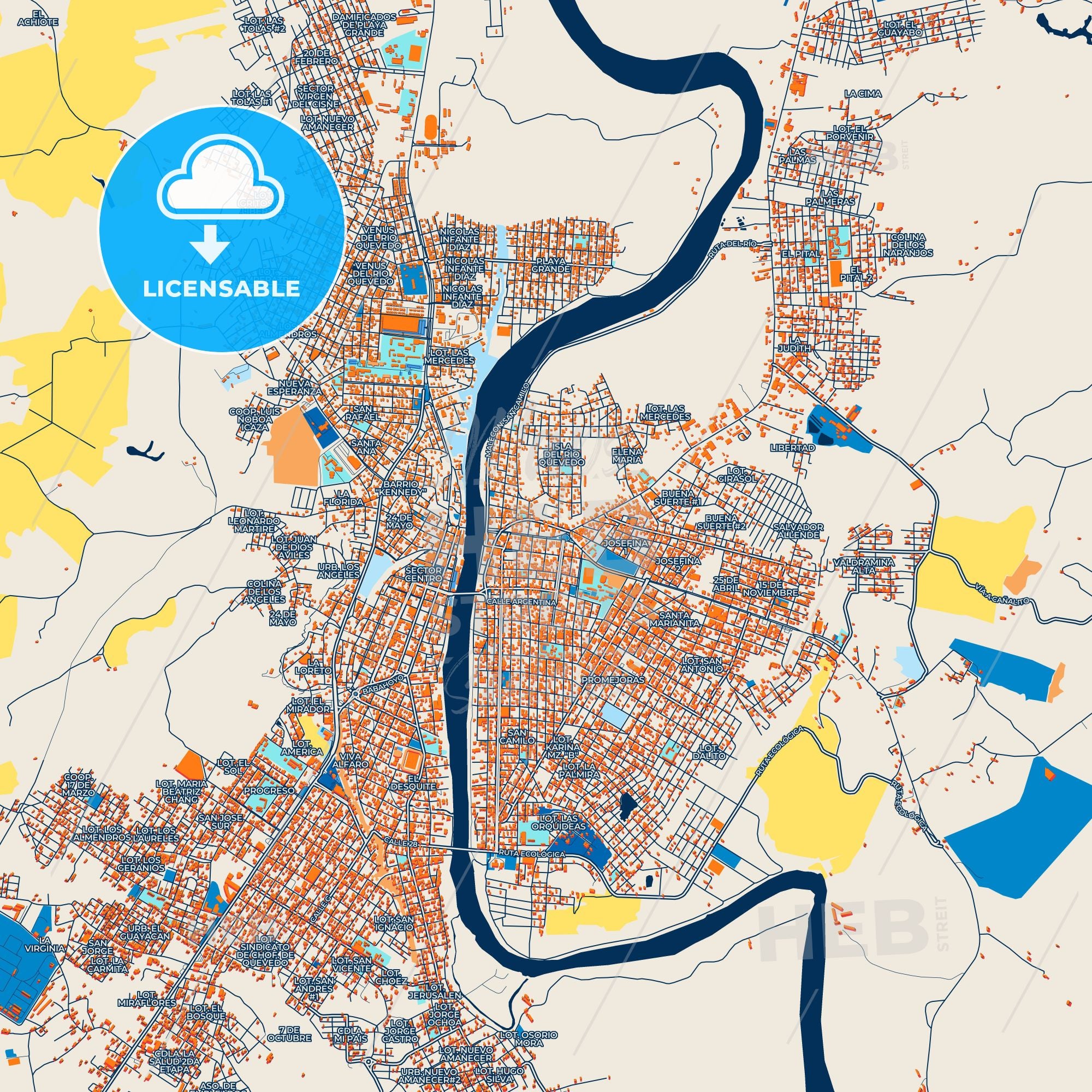 Colorful Quevedo Street Map With Labels And Buildings – HEBSTREITS