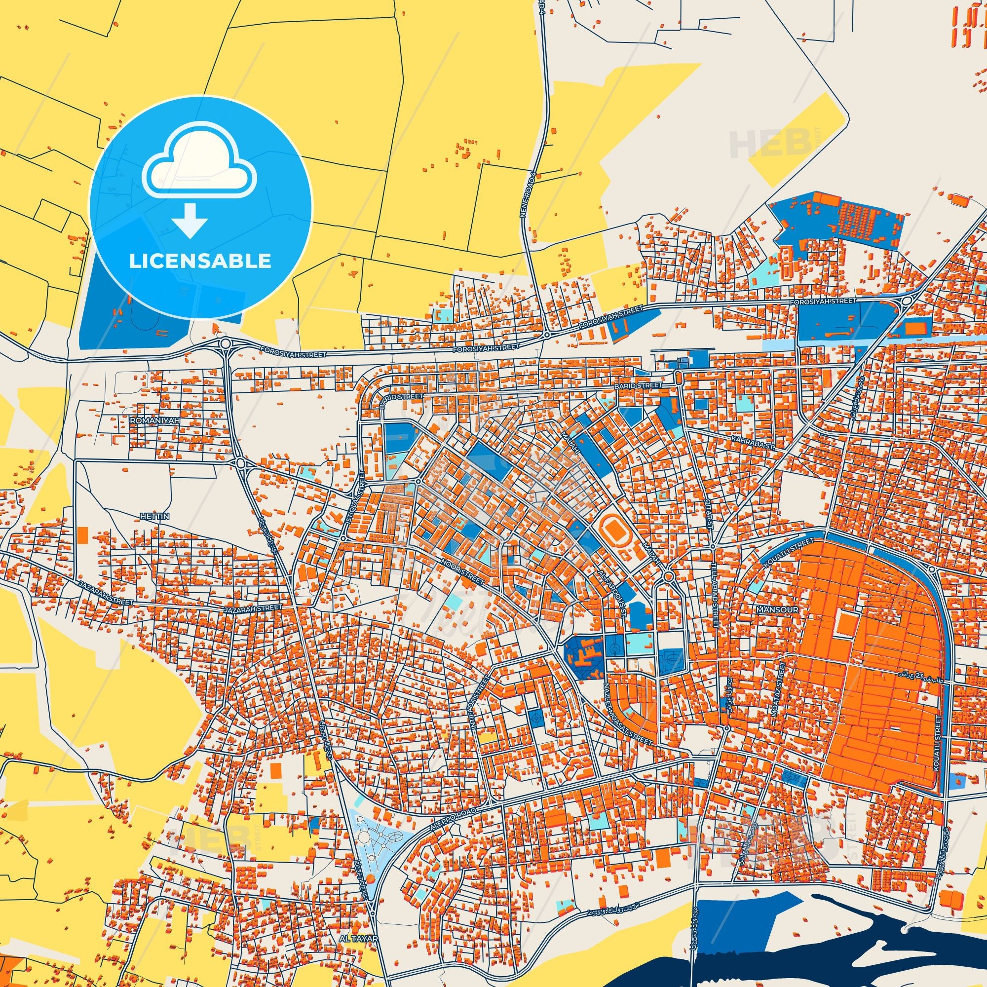 Colorful Raqqa Street Map With Labels And Buildings – HEBSTREITS
