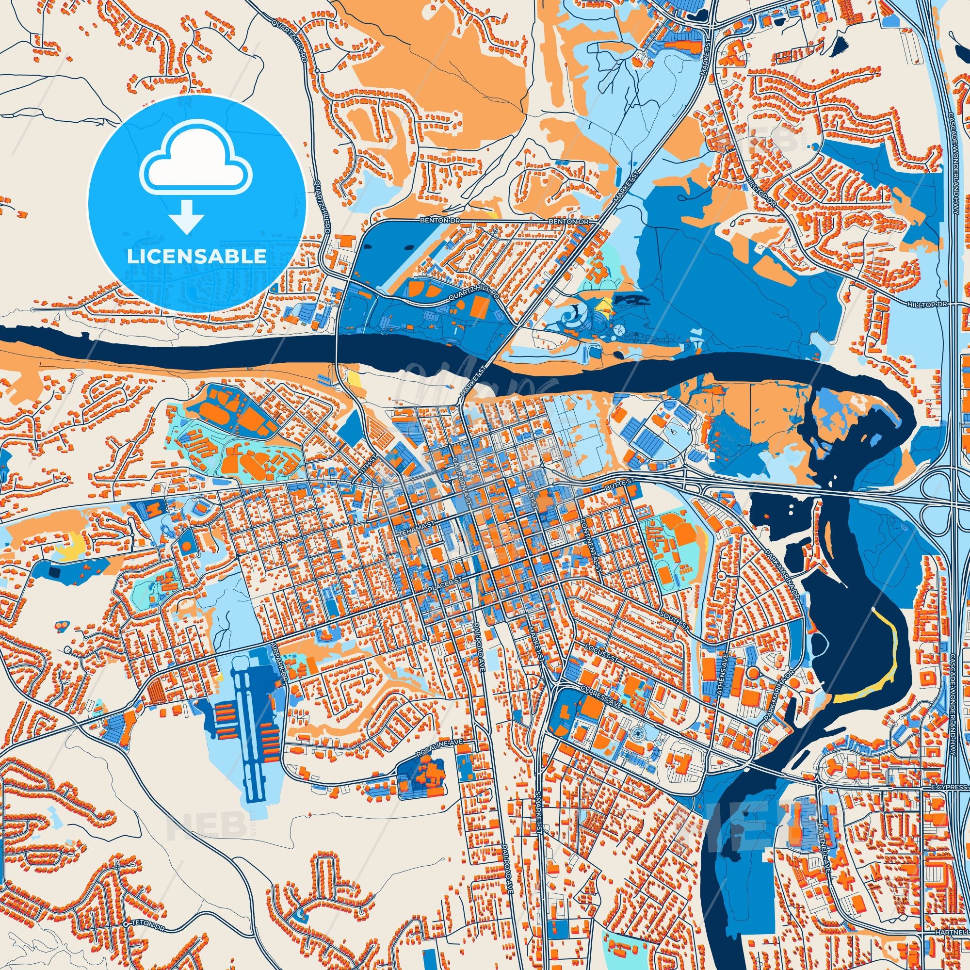 Colorful Redding Street Map With Labels And Buildings – HEBSTREITS