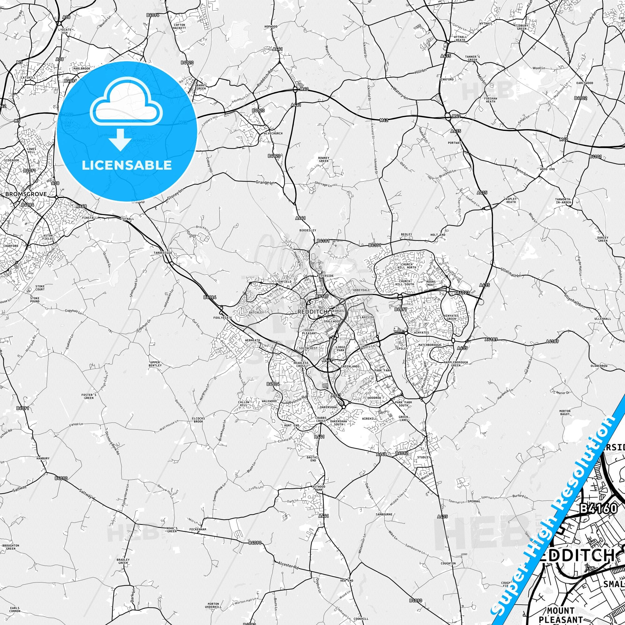Redditch, England light map with streetnames, citynames and districts ...