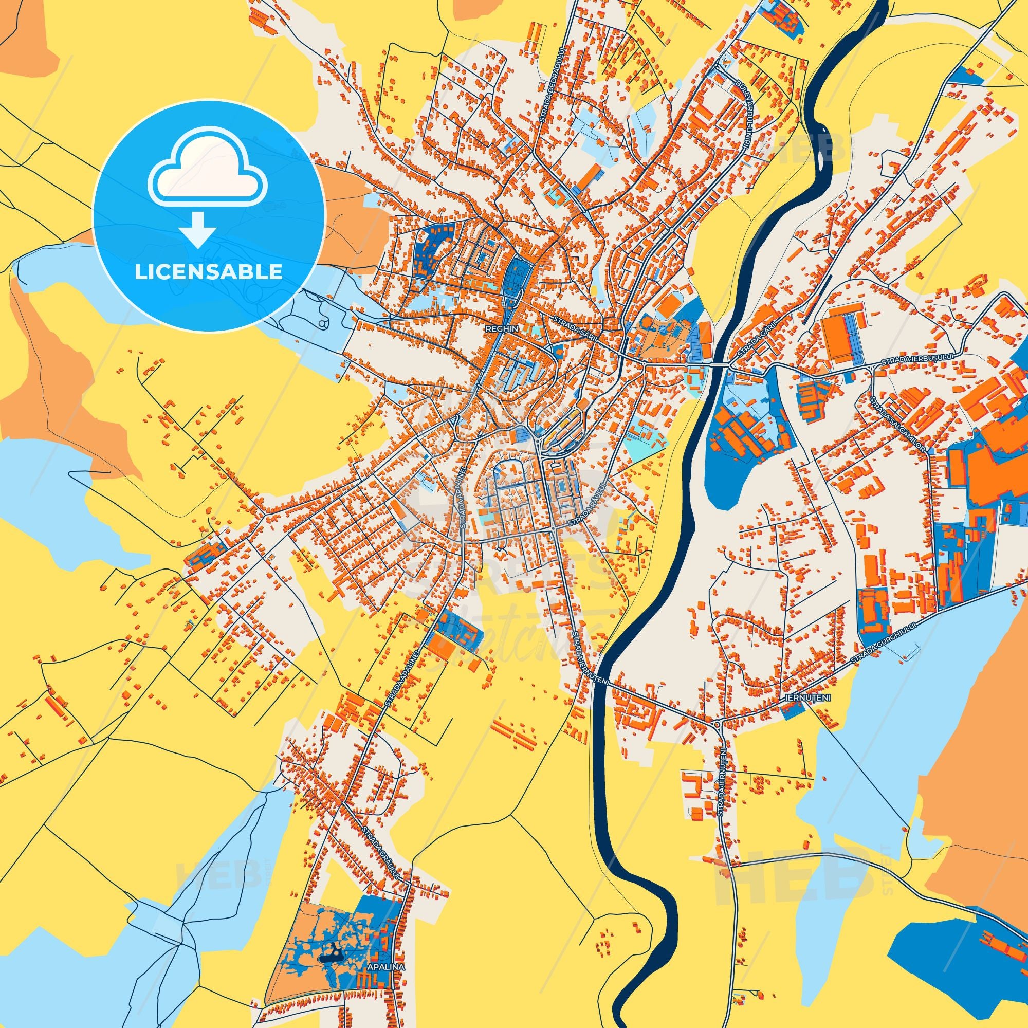 Colorful Reghin Street Map With Labels And Buildings – HEBSTREITS