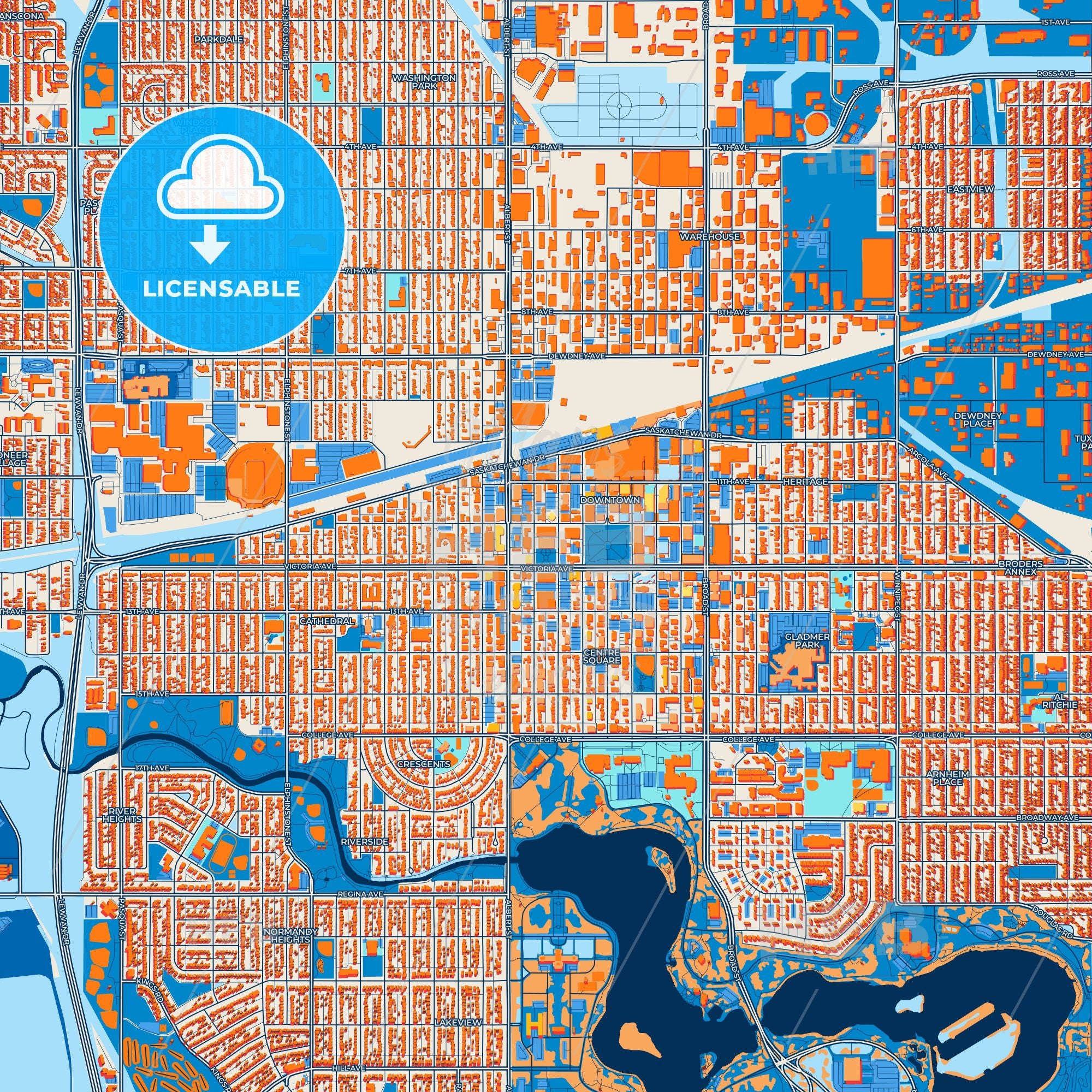 Colorful Regina Street Map With Labels And Buildings – HEBSTREITS
