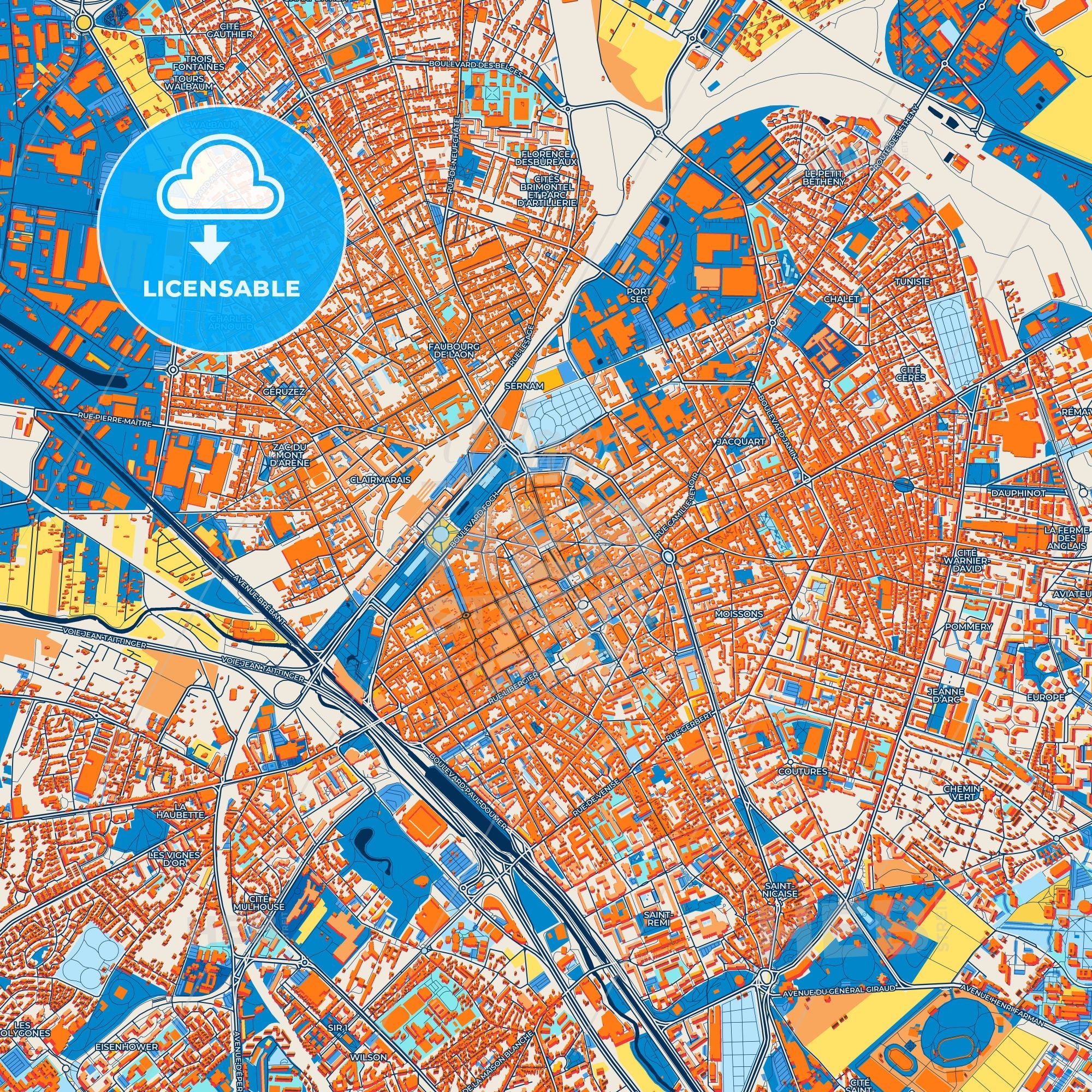 Colorful Reims Street Map With Labels And Buildings – HEBSTREITS