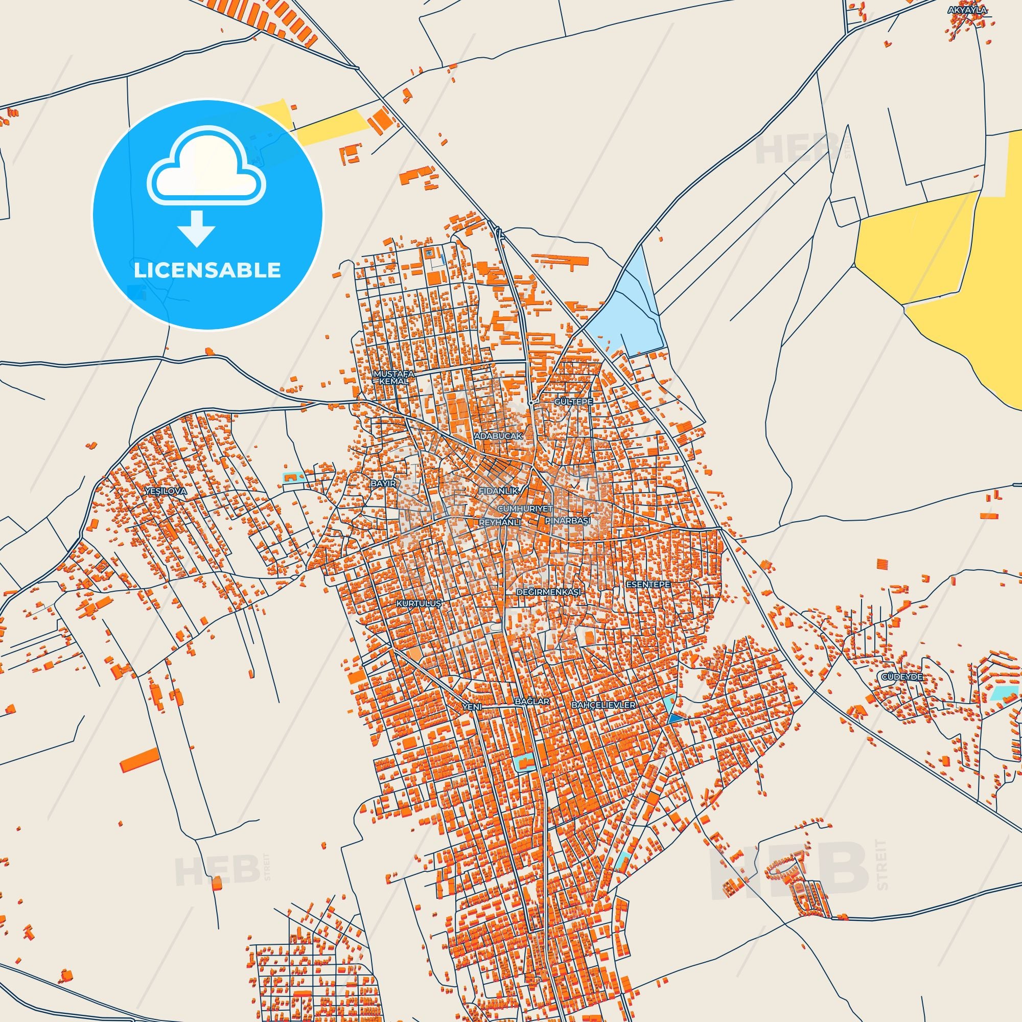 Colorful Reyhanlı Street Map With Labels And Buildings – HEBSTREITS