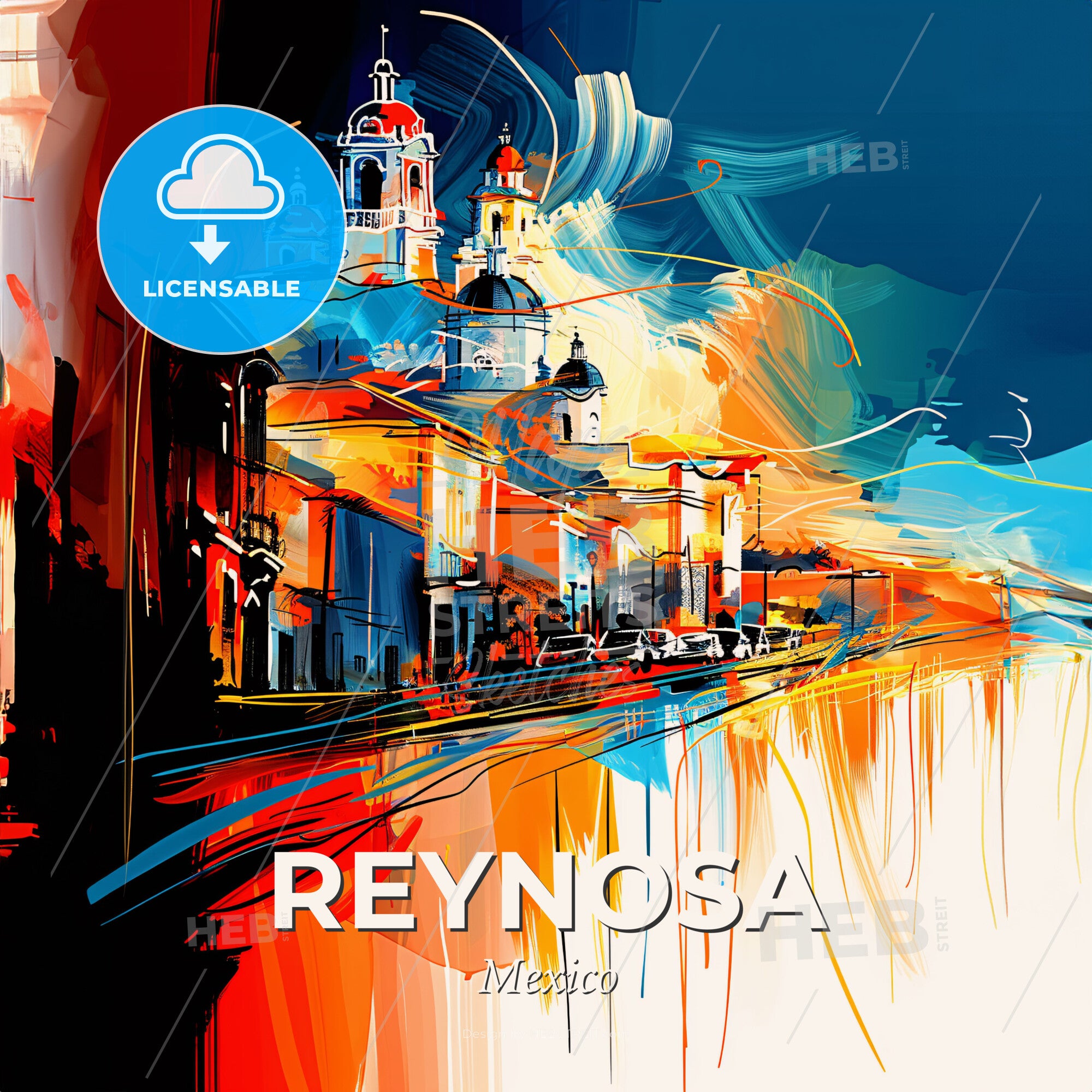 Vibrant Reynosa, Mexico - A Painting Of A Street With Buildings And A ...