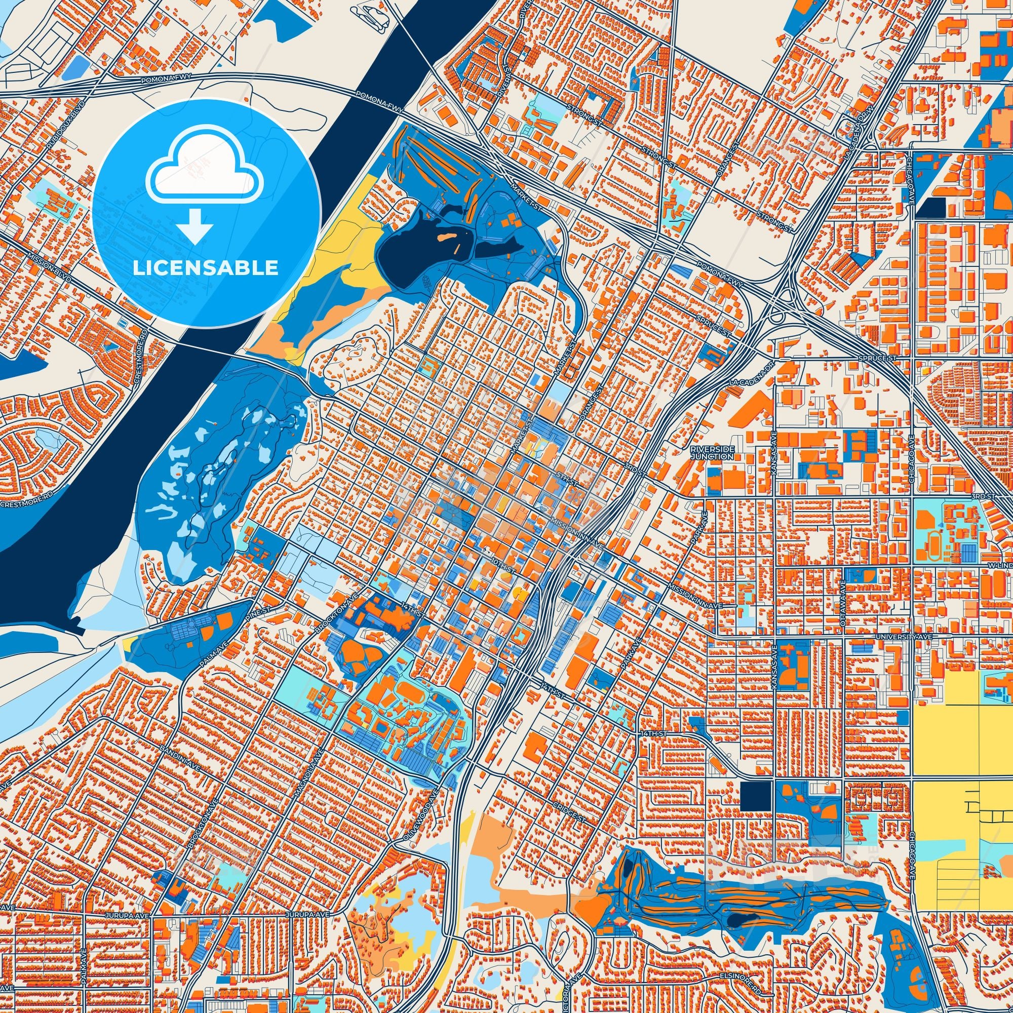 Colorful Riverside Street Map With Labels And Buildings – HEBSTREITS