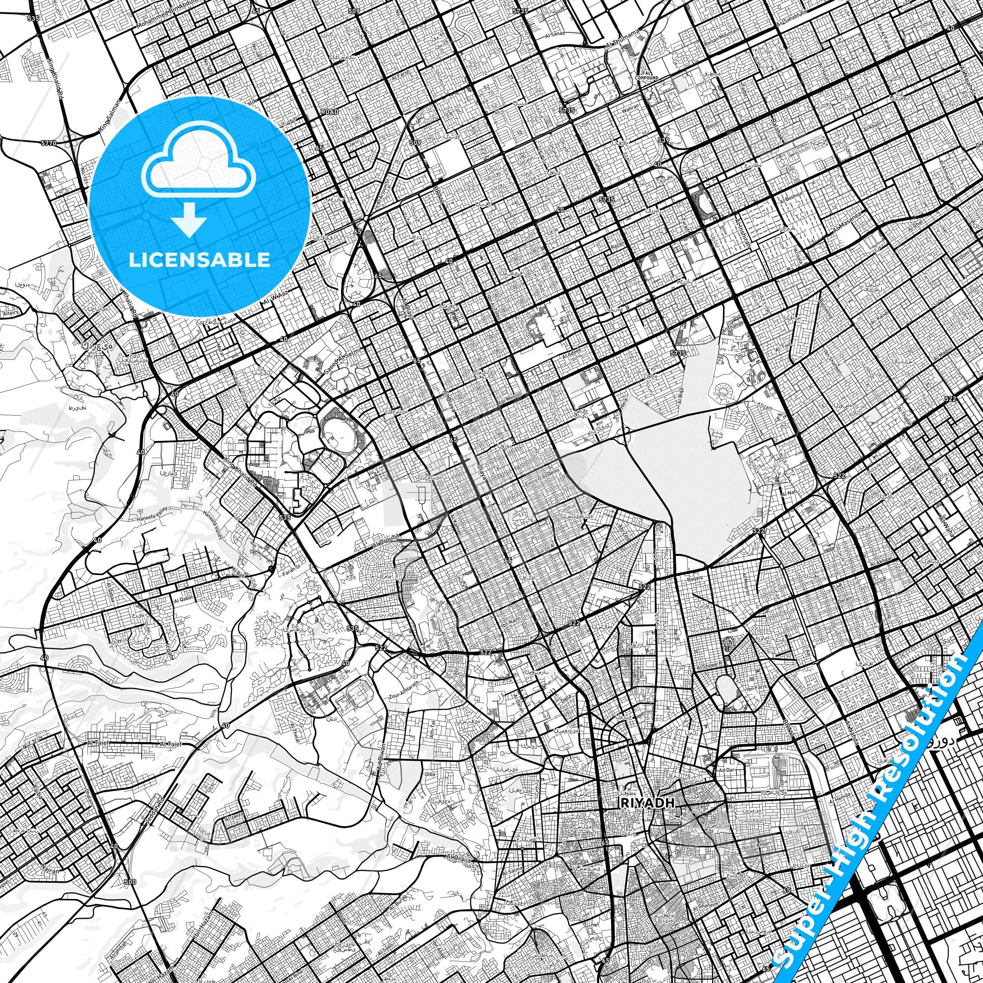 Riyadh, Saudi Arabia light map with streetnames, citynames and ...