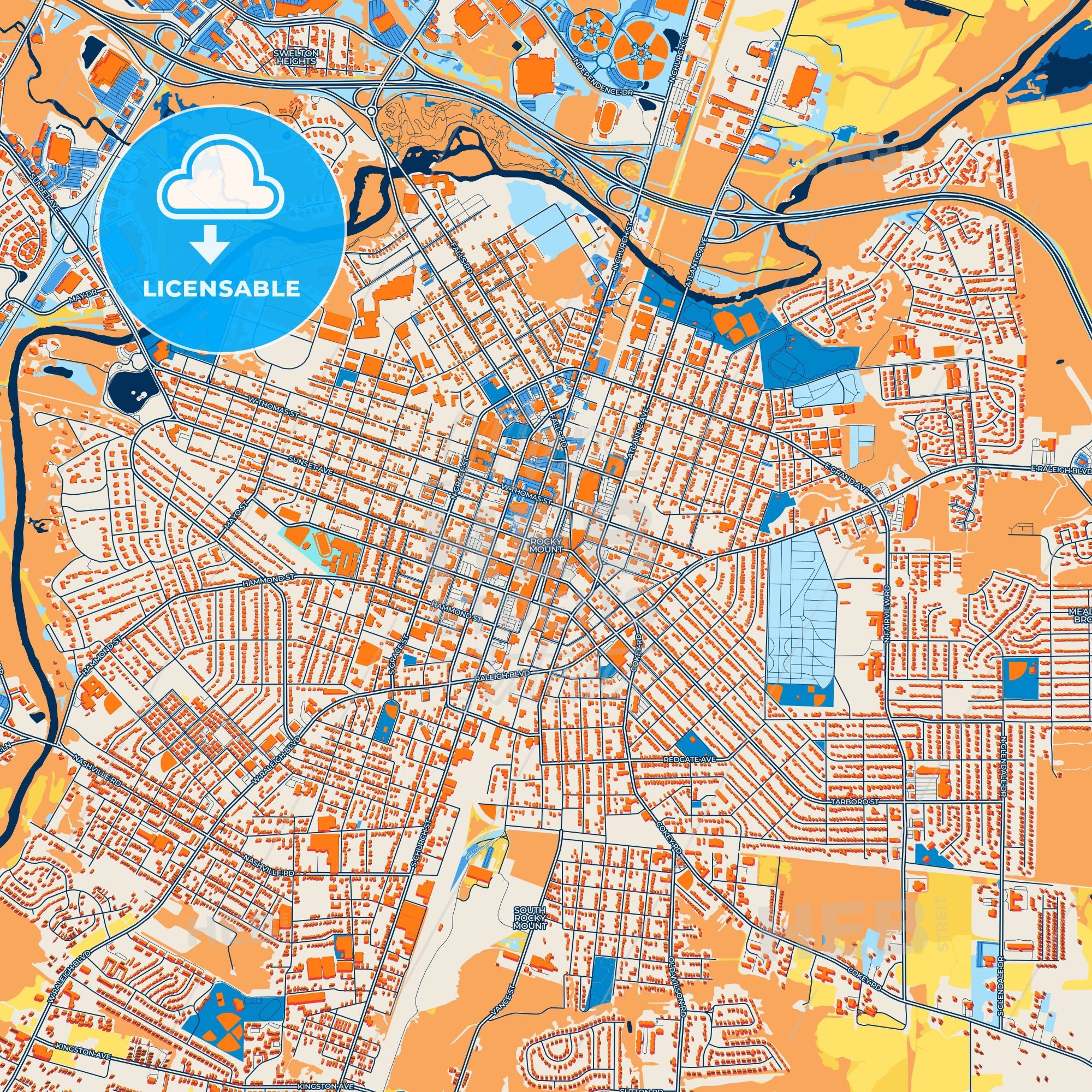 Colorful Rocky Mount Street Map With Labels And Buildings – HEBSTREITS