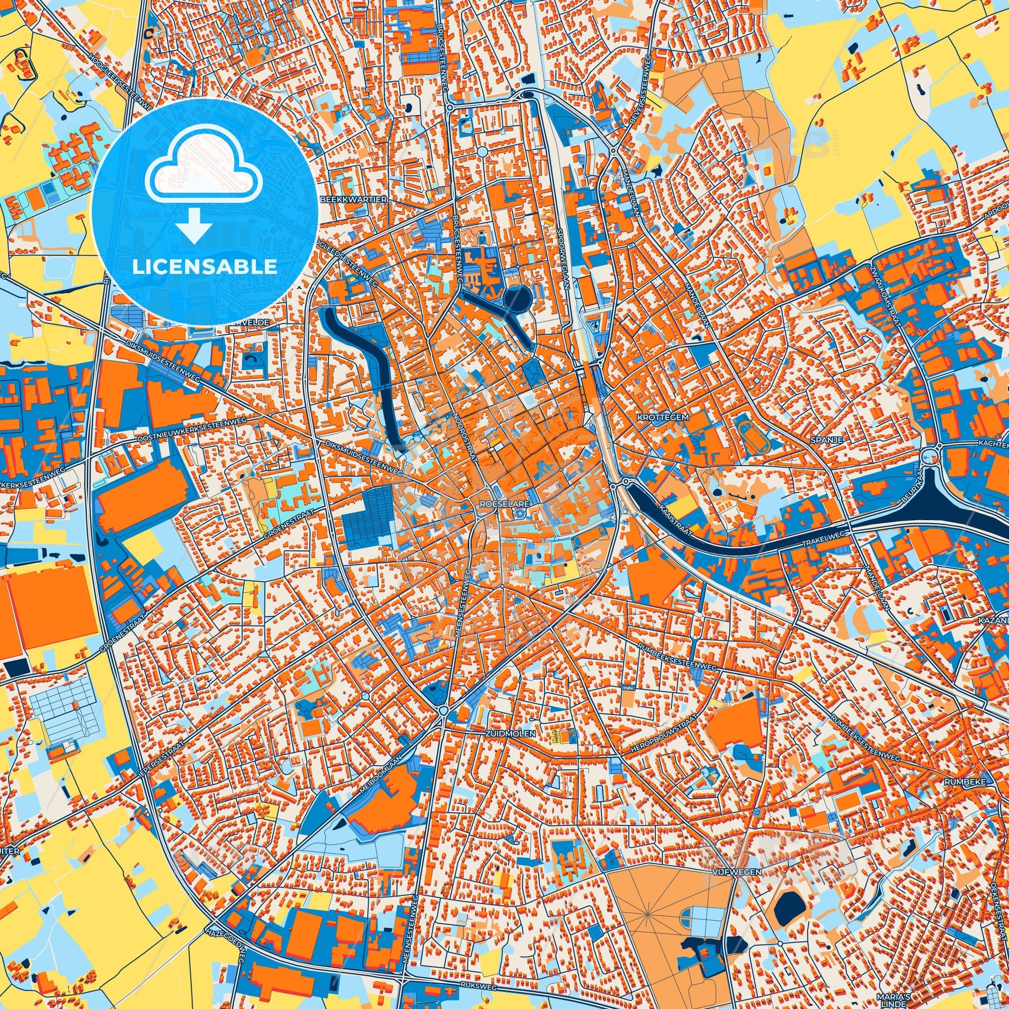 Colorful Roeselare Street Map With Labels And Buildings – HEBSTREITS