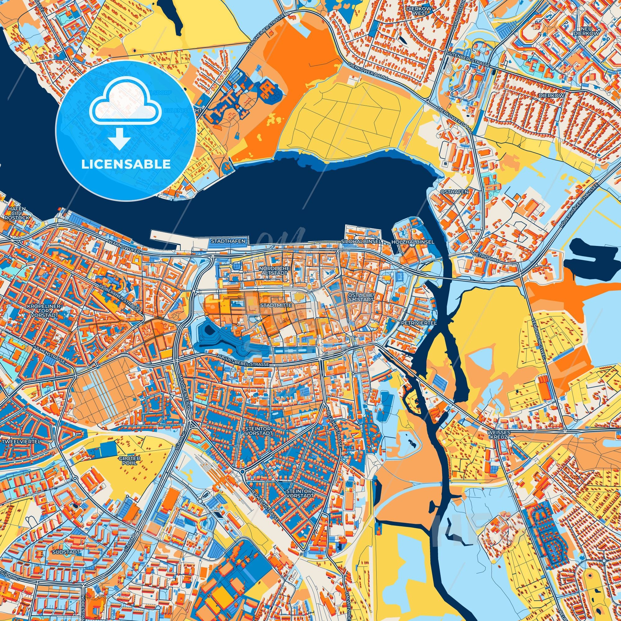Colorful Rostock Street Map With Labels And Buildings – HEBSTREITS