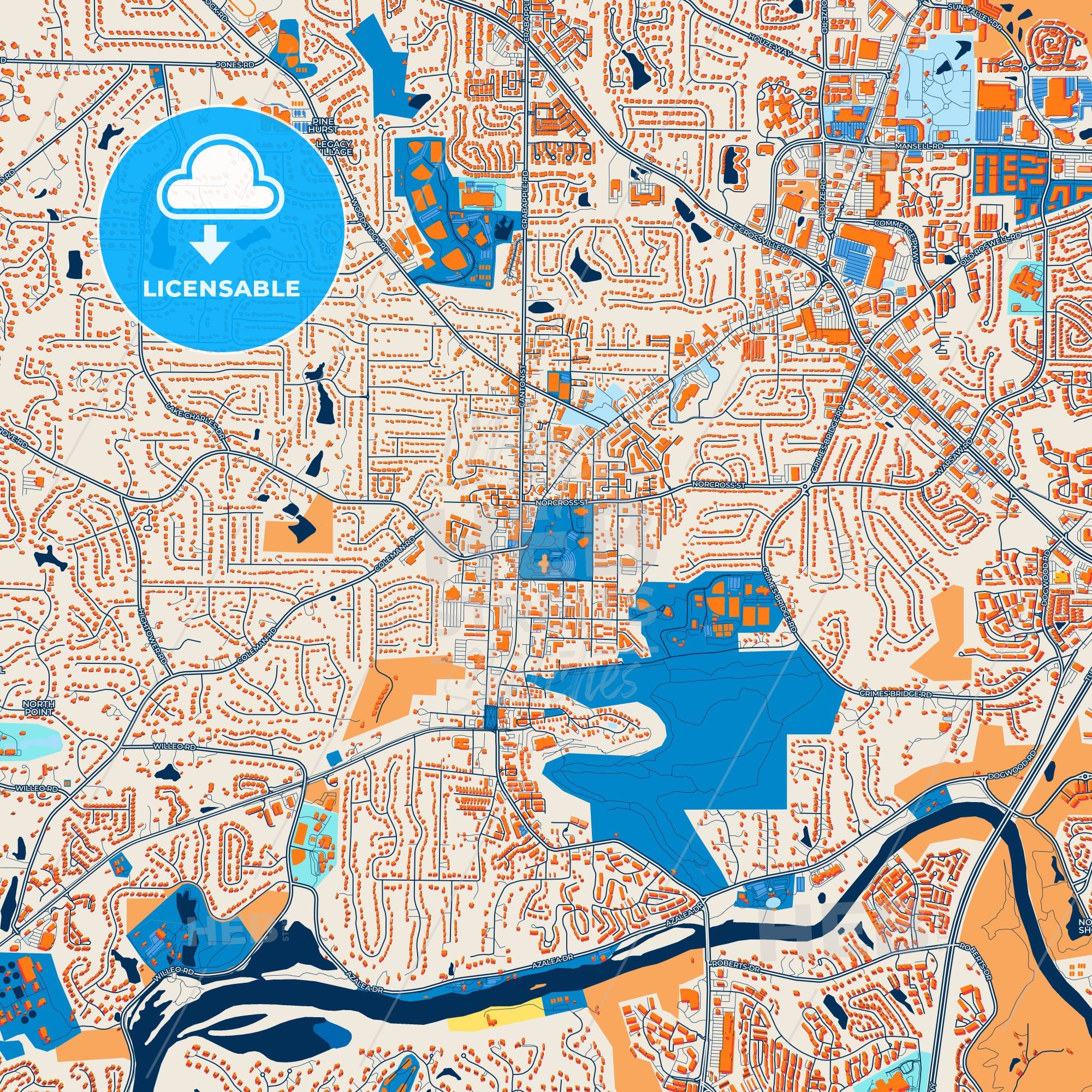 Colorful Roswell Street Map With Labels And Buildings – HEBSTREITS