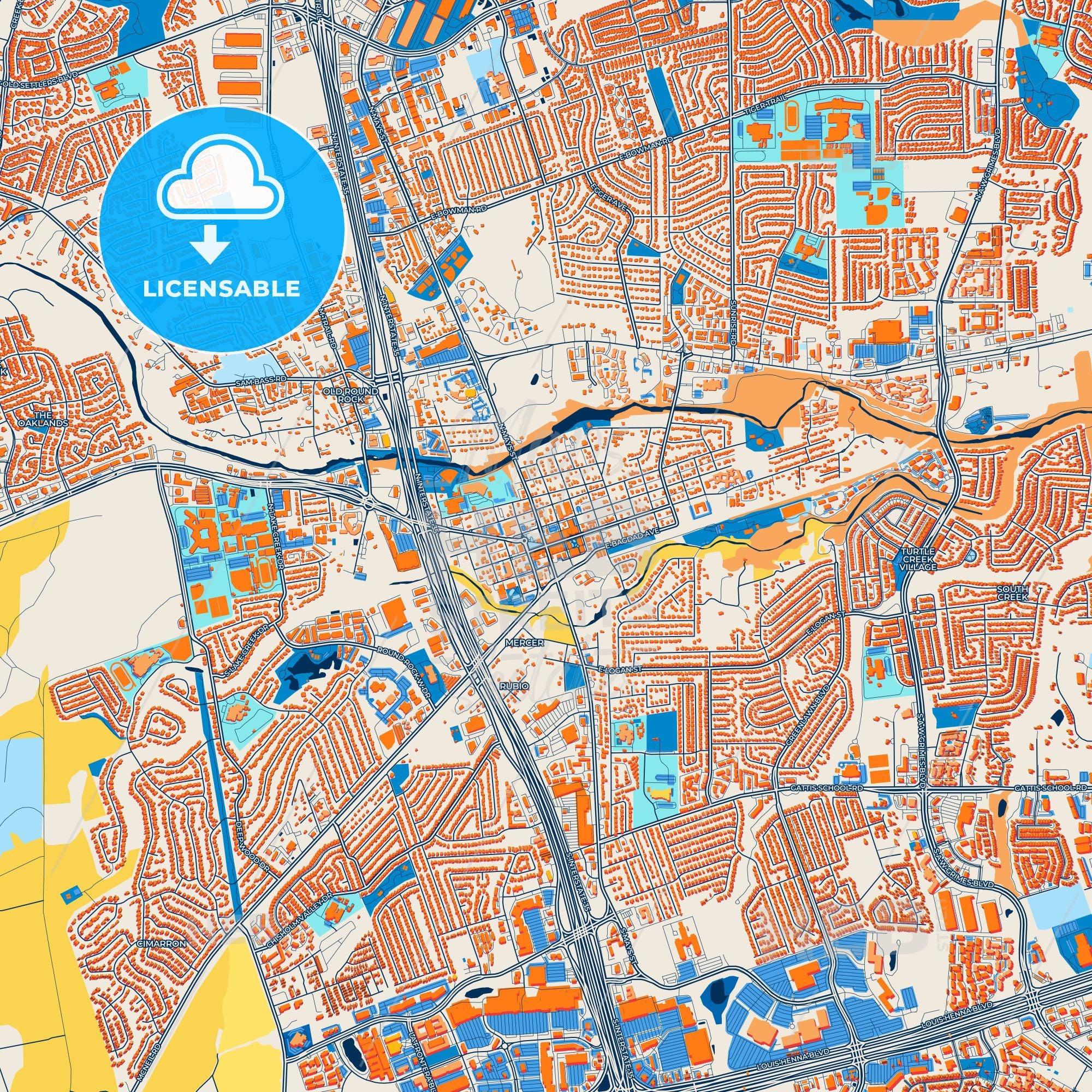 Colorful Round Rock Street Map With Labels And Buildings – HEBSTREITS