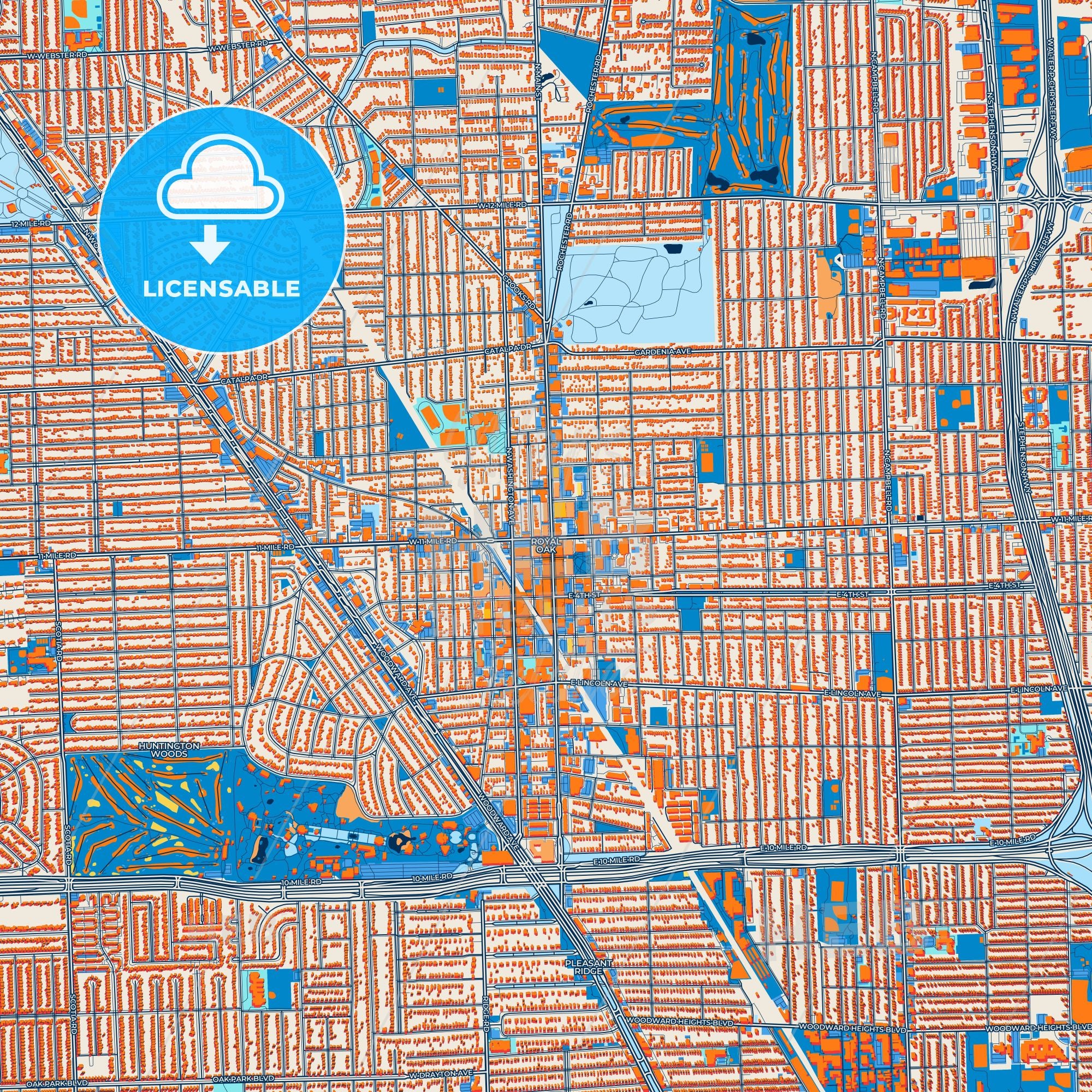 Colorful Royal Oak Street Map With Labels And Buildings – HEBSTREITS