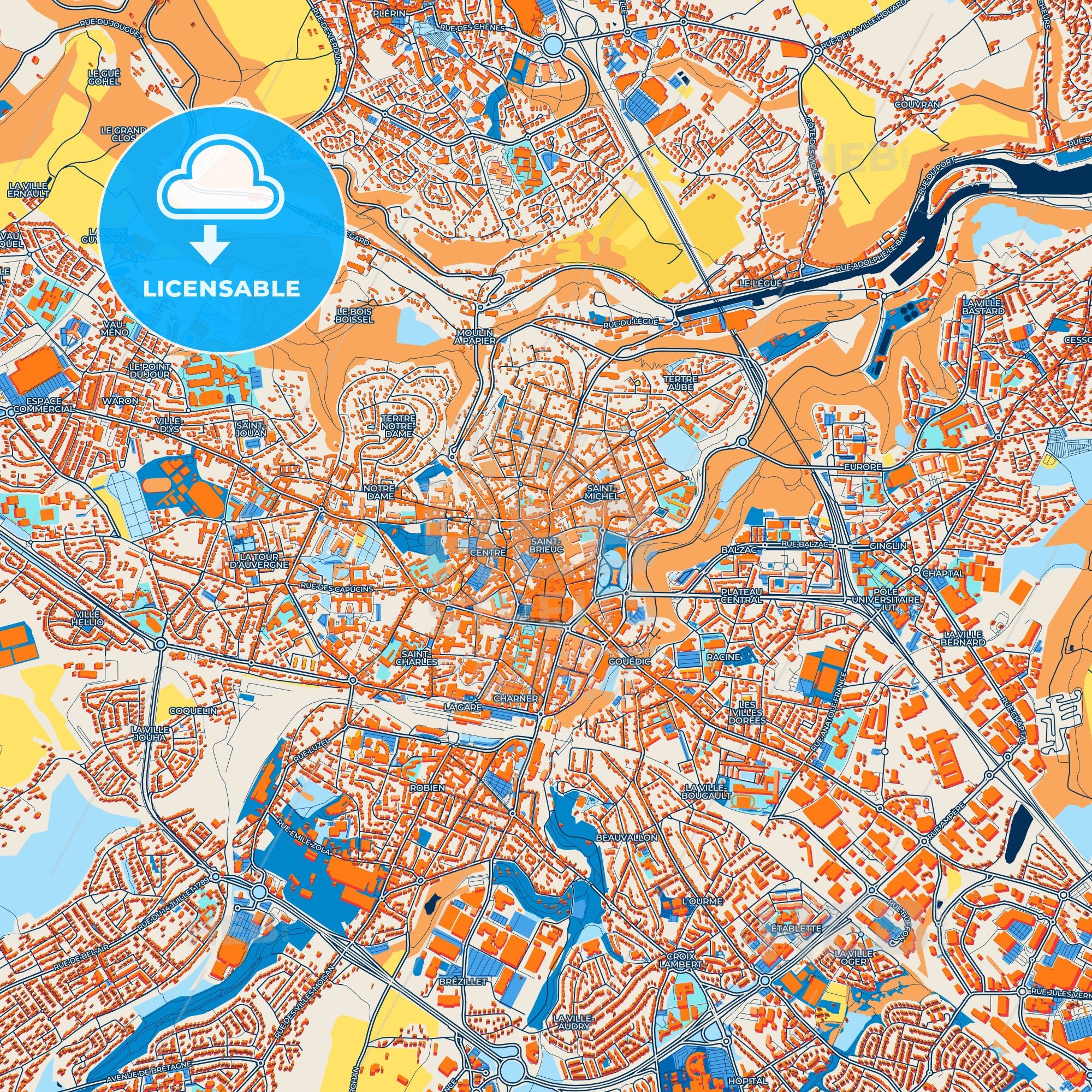 Colorful Saint-Brieuc Street Map With Labels And Buildings – HEBSTREITS