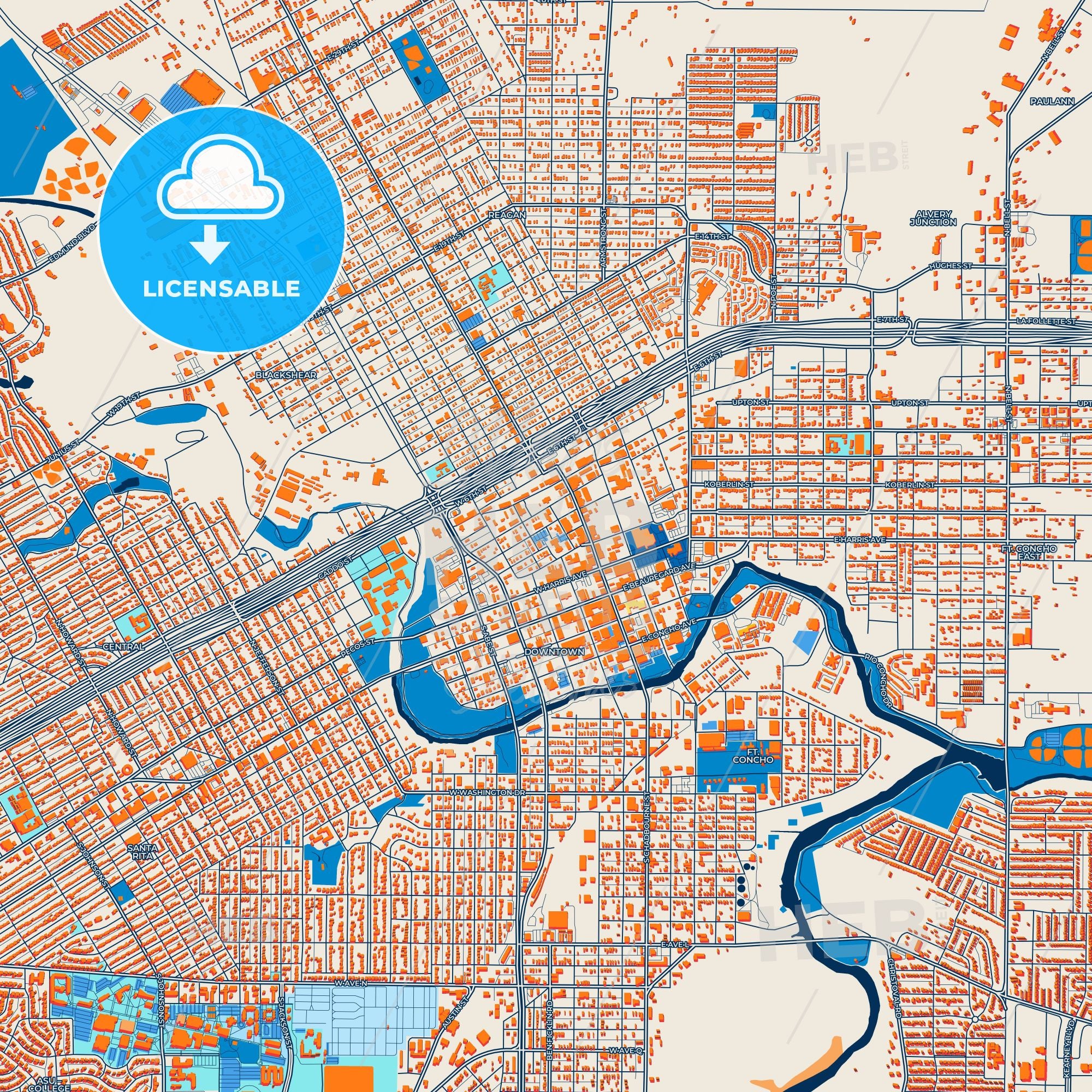 Colorful San Angelo Street Map With Labels And Buildings – HEBSTREITS