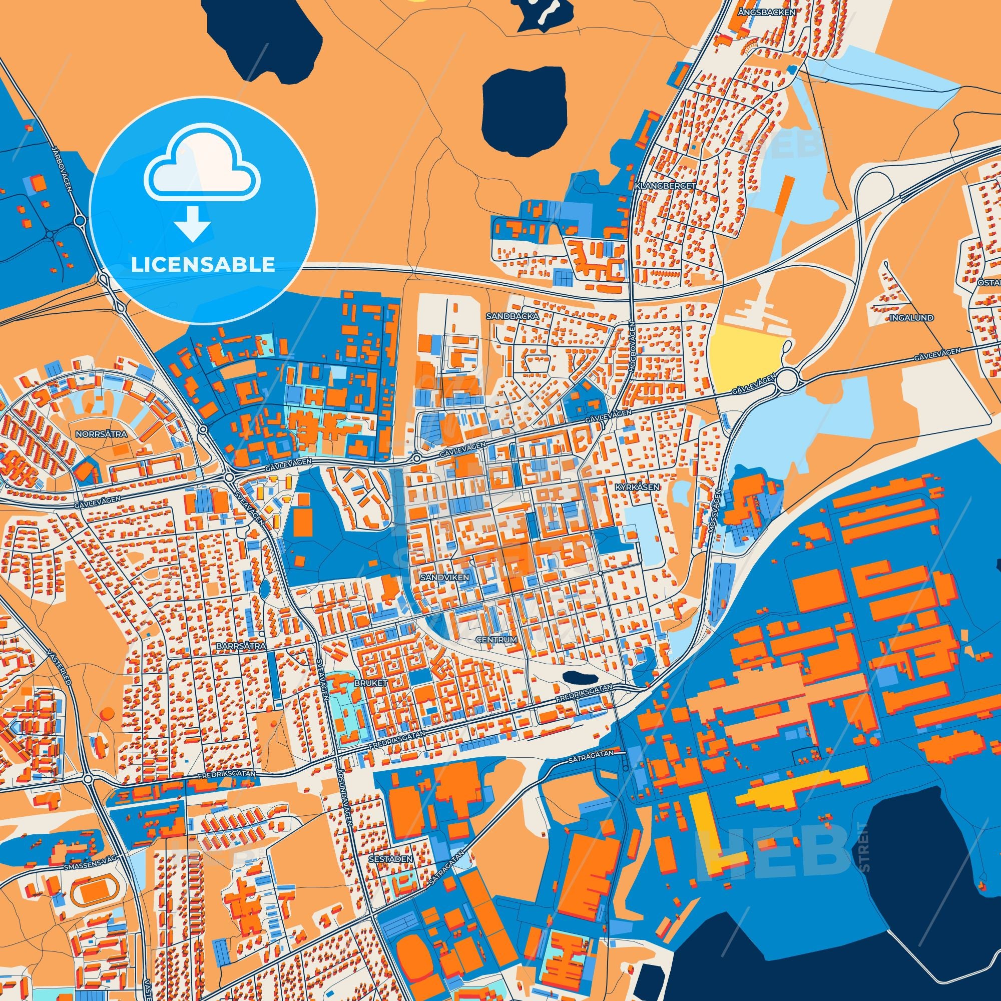 Colorful Sandviken Street Map With Labels And Buildings – HEBSTREITS
