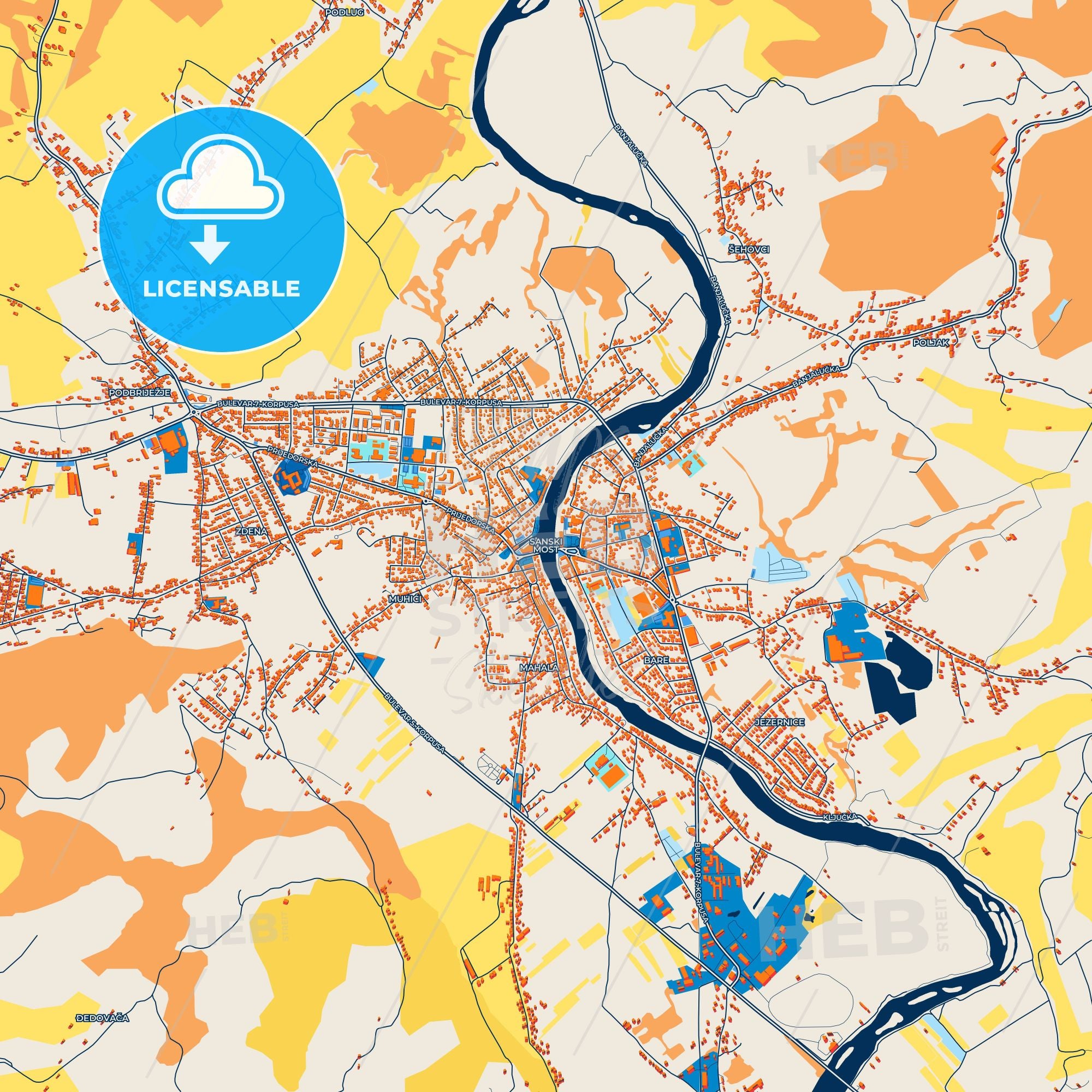 Colorful Sanski Most Street Map With Labels And Buildings – HEBSTREITS