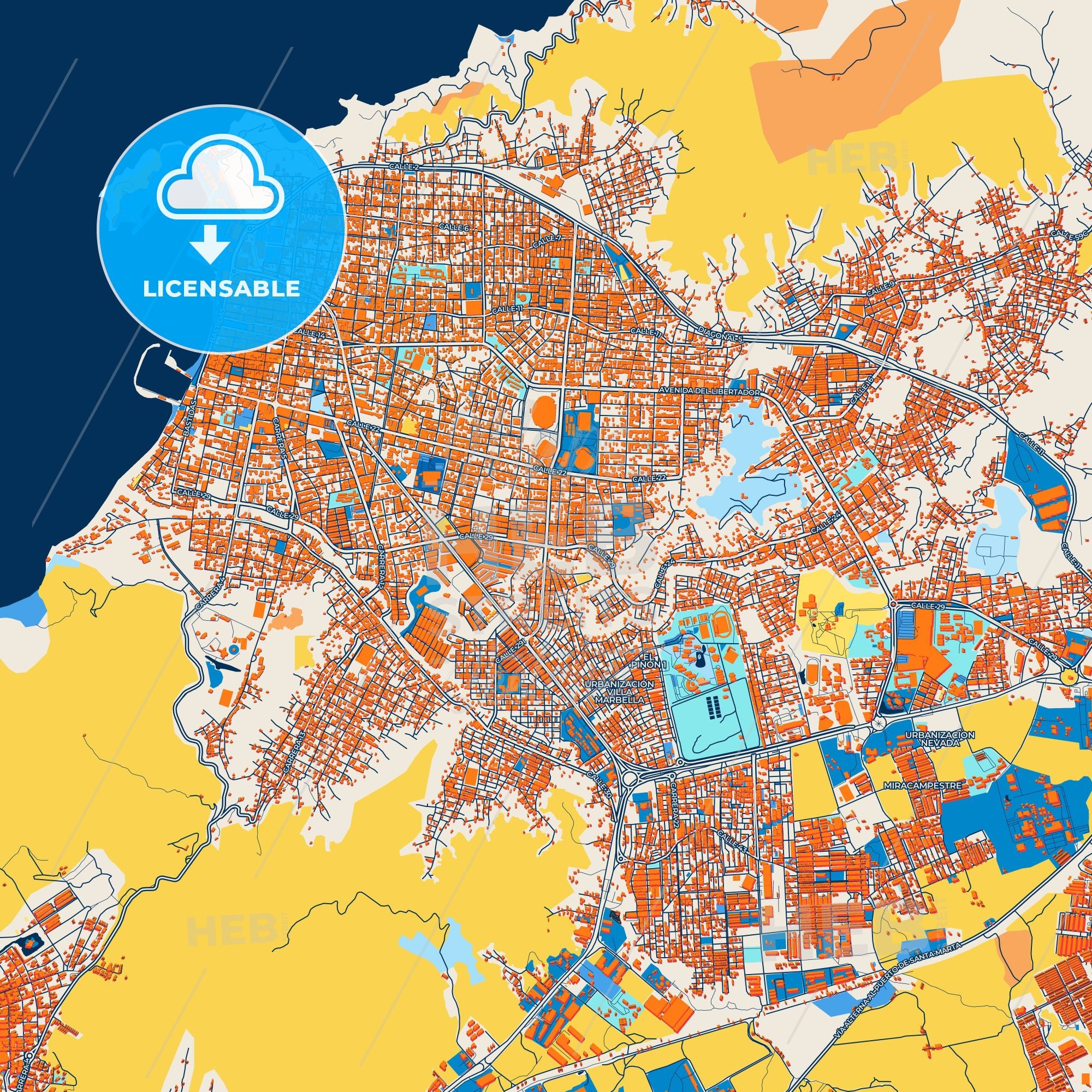 Colorful Santa Marta Street Map With Labels And Buildings – HEBSTREITS