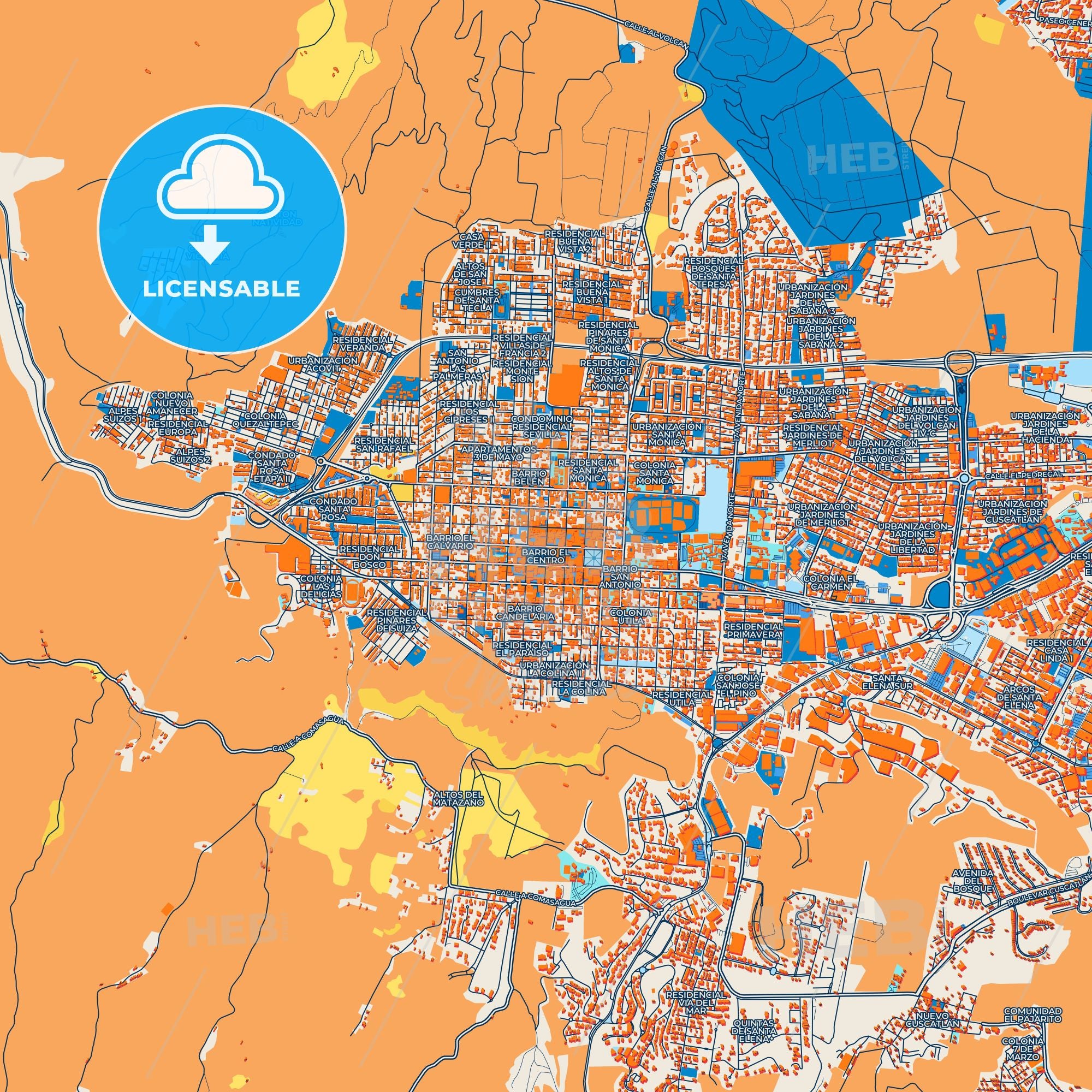 Colorful Santa Tecla Street Map With Labels And Buildings – HEBSTREITS