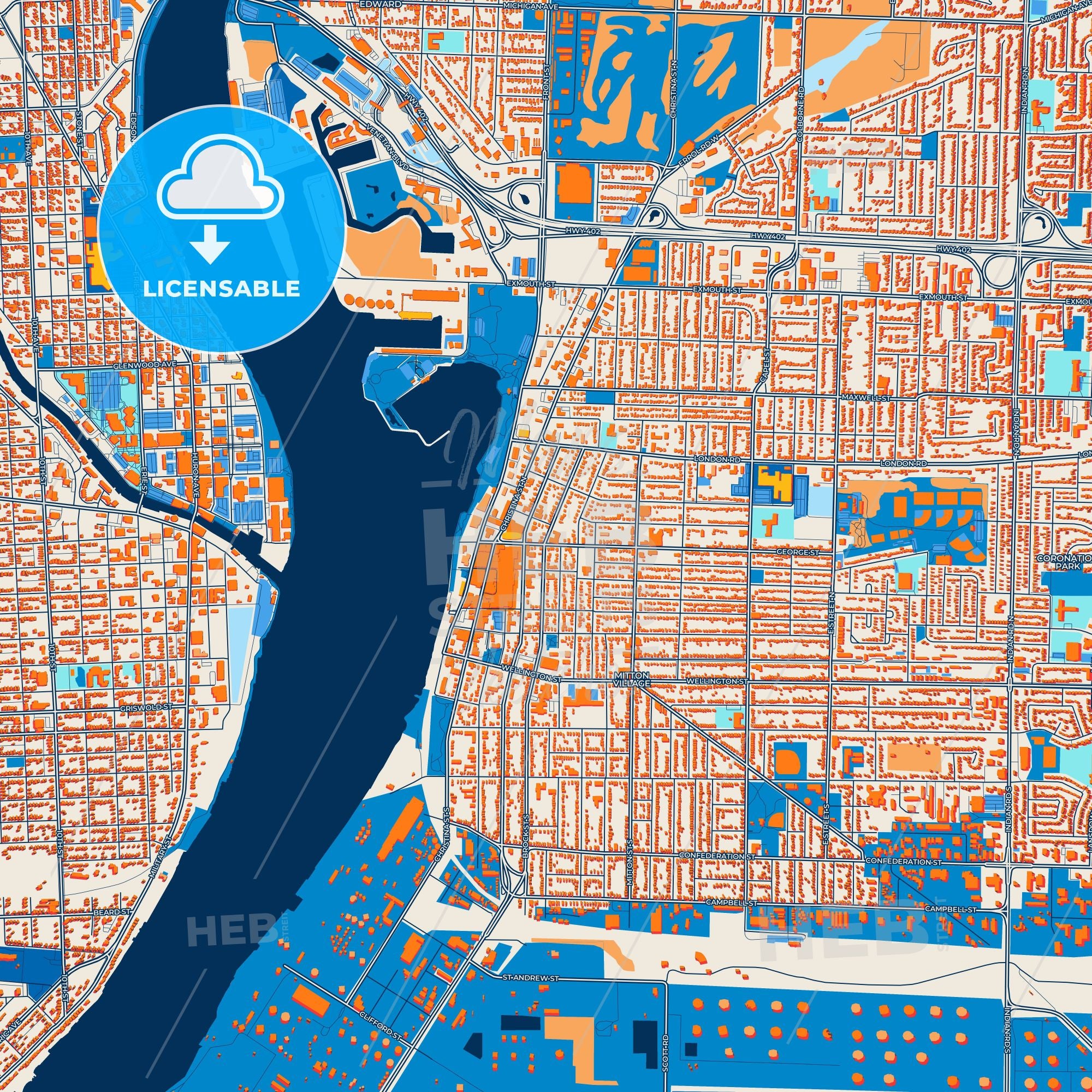 Colorful Sarnia Street Map With Labels And Buildings – HEBSTREITS