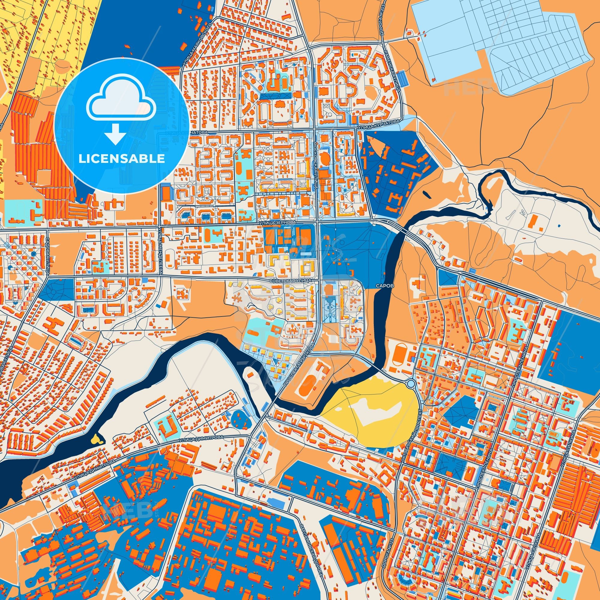 Colorful Sarov Street Map With Labels And Buildings – HEBSTREITS