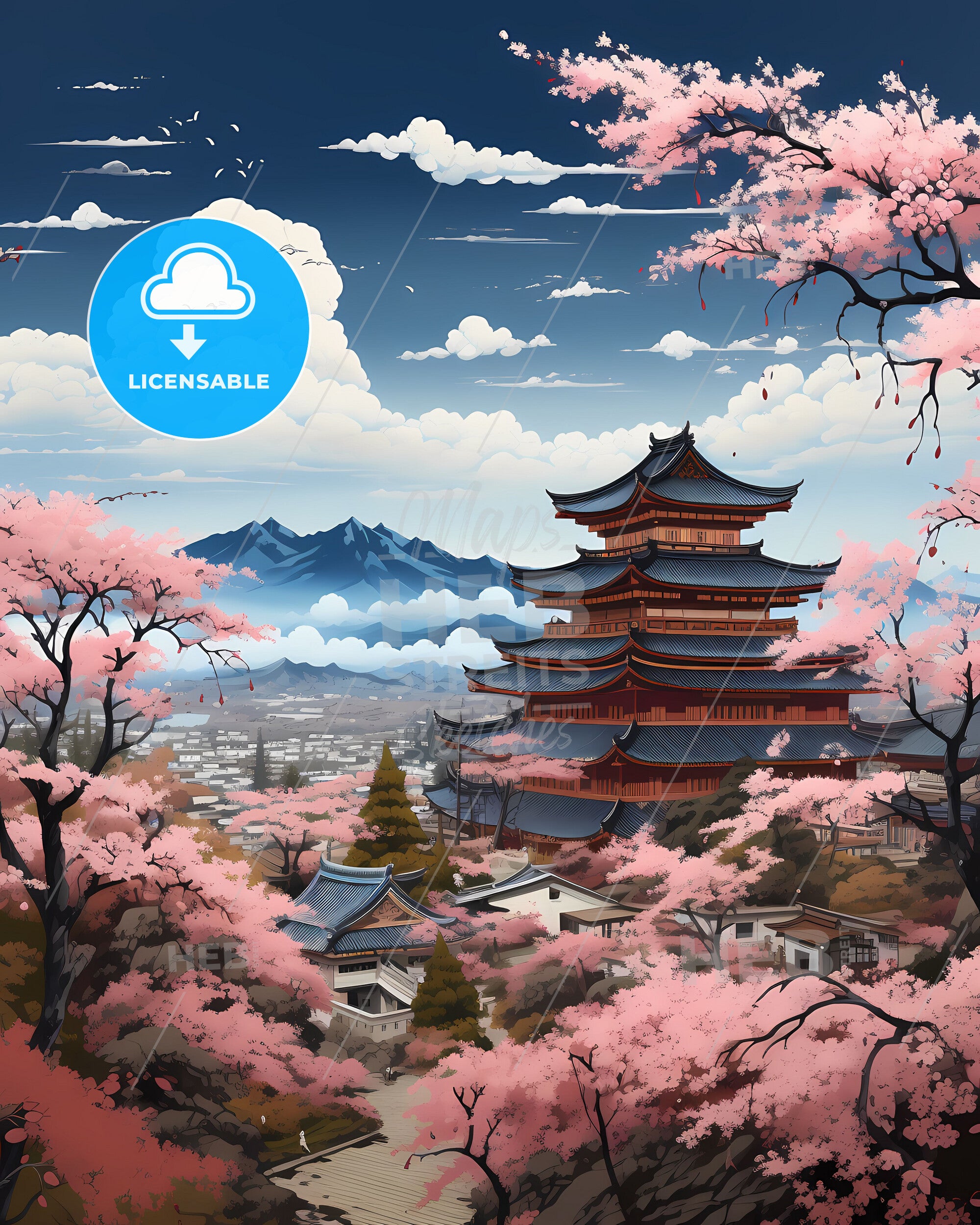 Sendai City Skyline Art - Building With Pagoda And Cherry Blossoms In ...