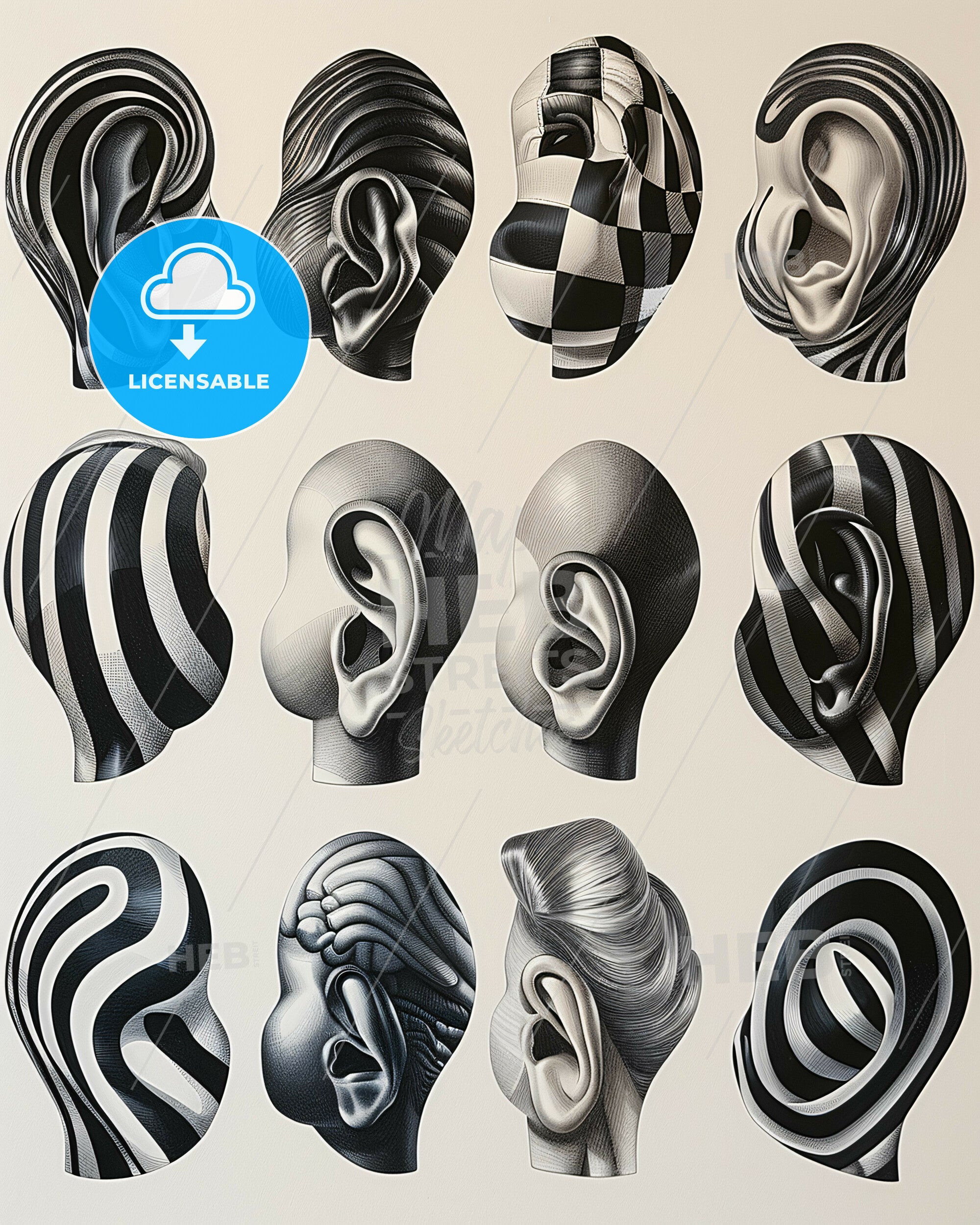 Ears: Ink Lines on Bright Background - HEBSTREITS Stock Image