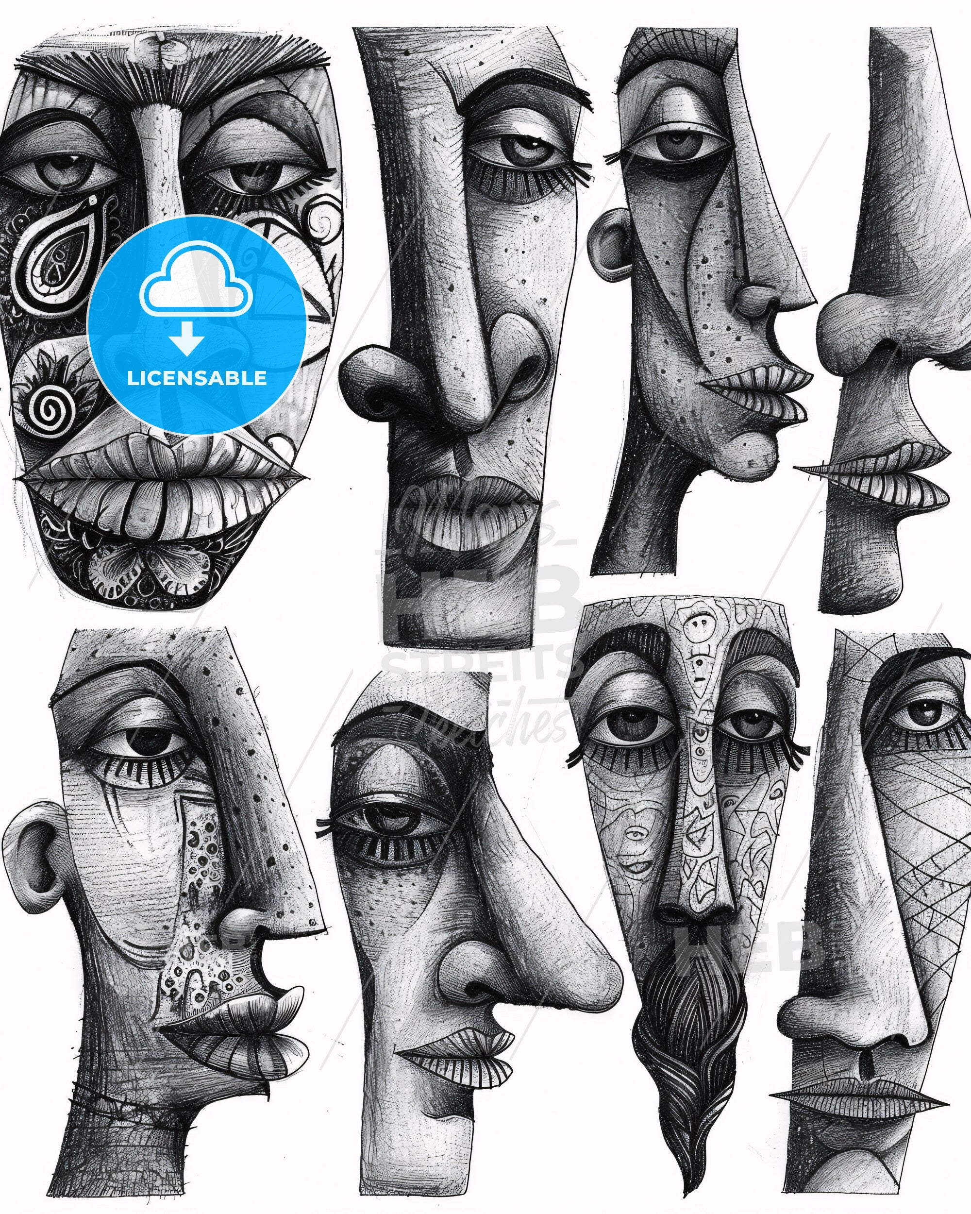Nosey Study, Black And White Line Art Poster - A Group Of Faces Drawn ...