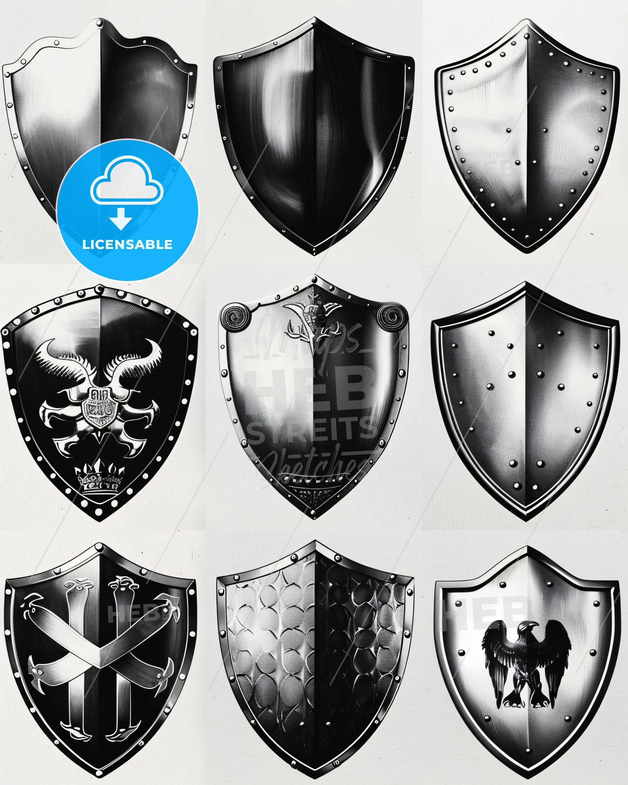 Shield Icons: Sketchy Styles for Bright Spaces - HEBSTREITS Stock Image