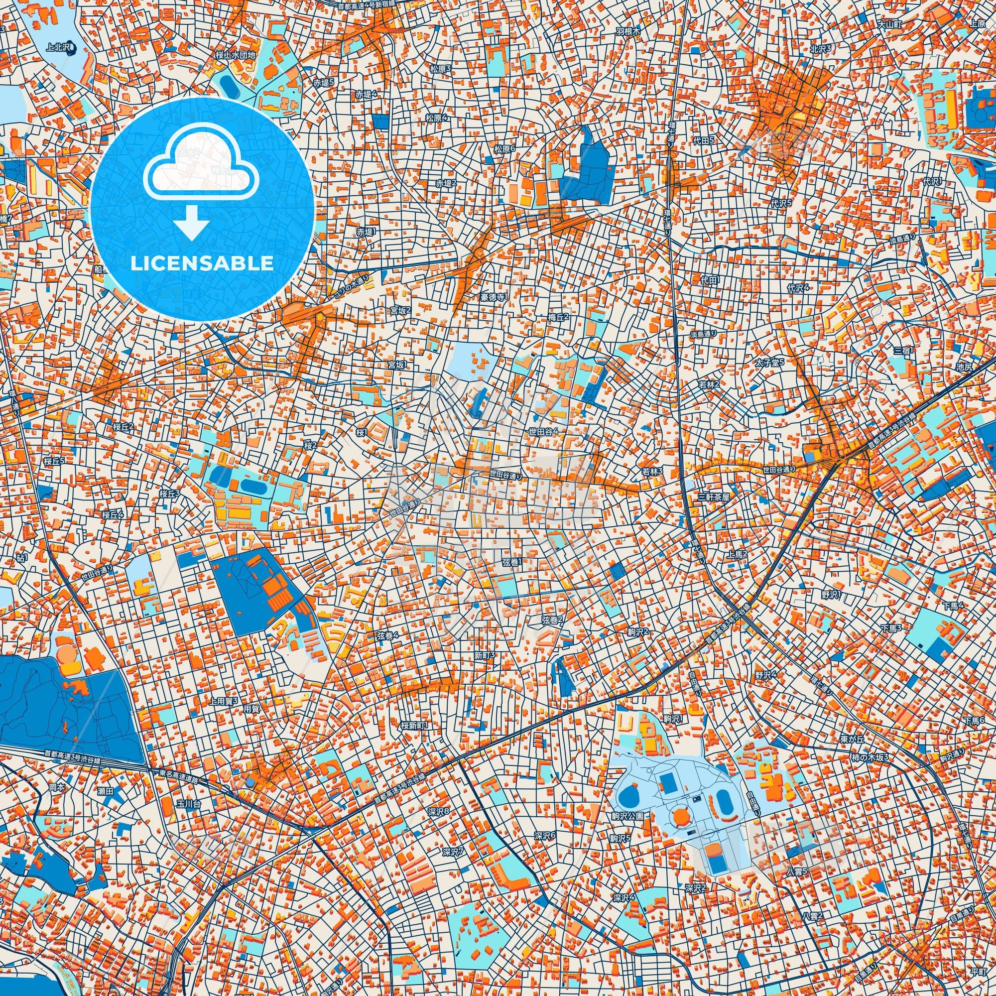 Colorful Setagaya Street Map With Labels And Buildings – HEBSTREITS
