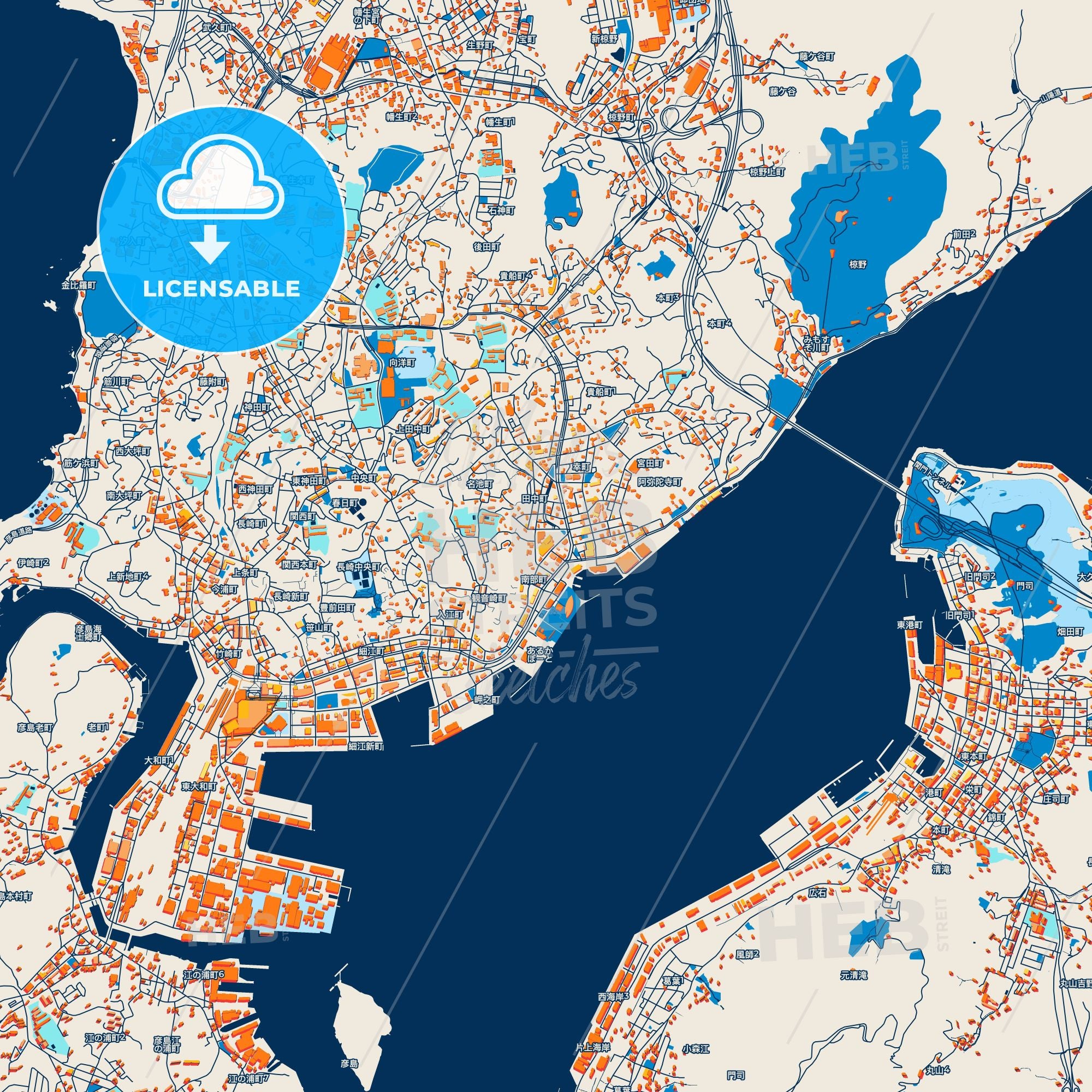 Colorful Shimonoseki Street Map With Labels And Buildings – HEBSTREITS