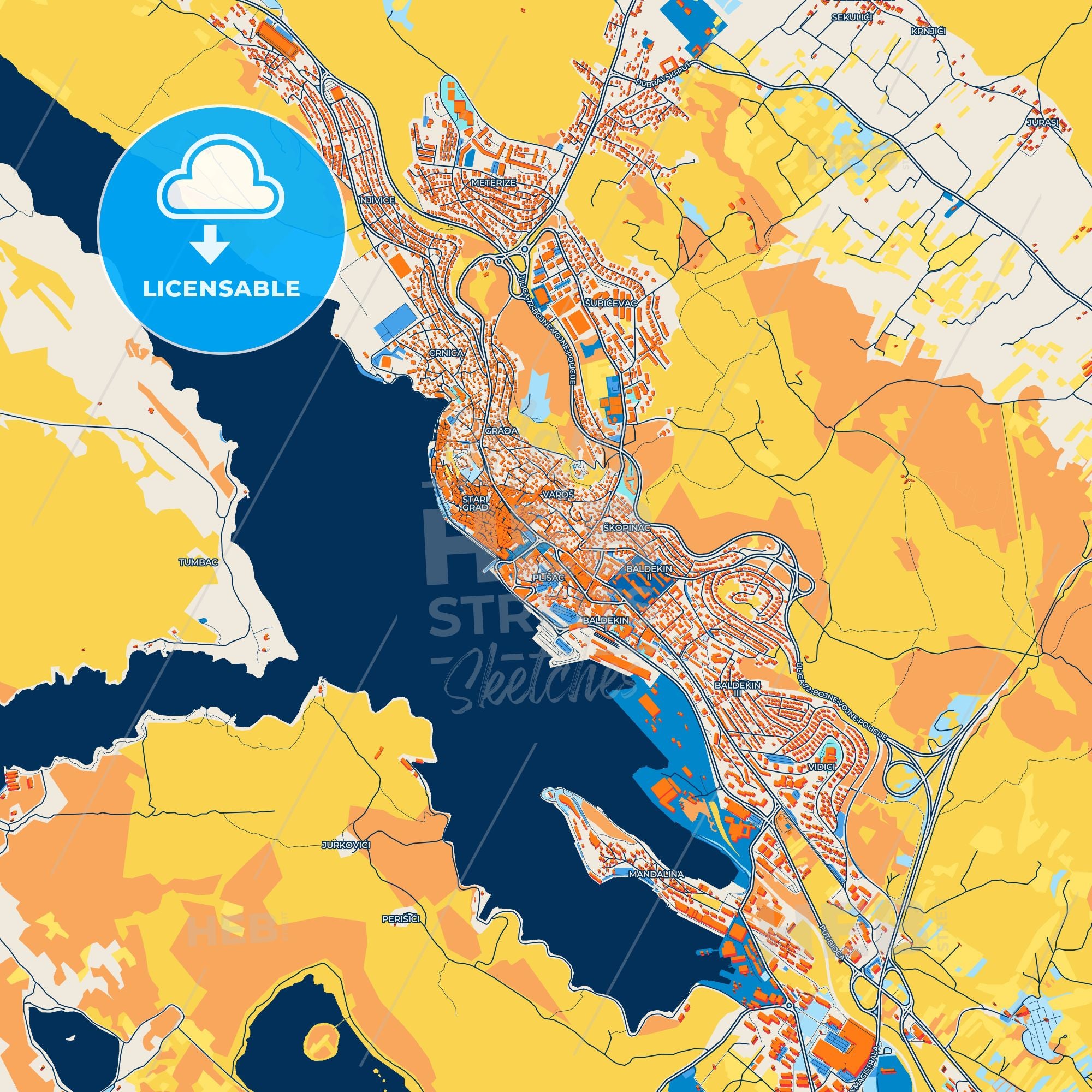 Colorful Šibenik Street Map With Labels And Buildings – HEBSTREITS